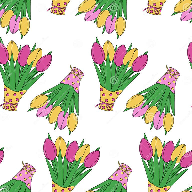 Abstract Seamless Pattern of Spring Tulip Bouquets in Multi Colored ...