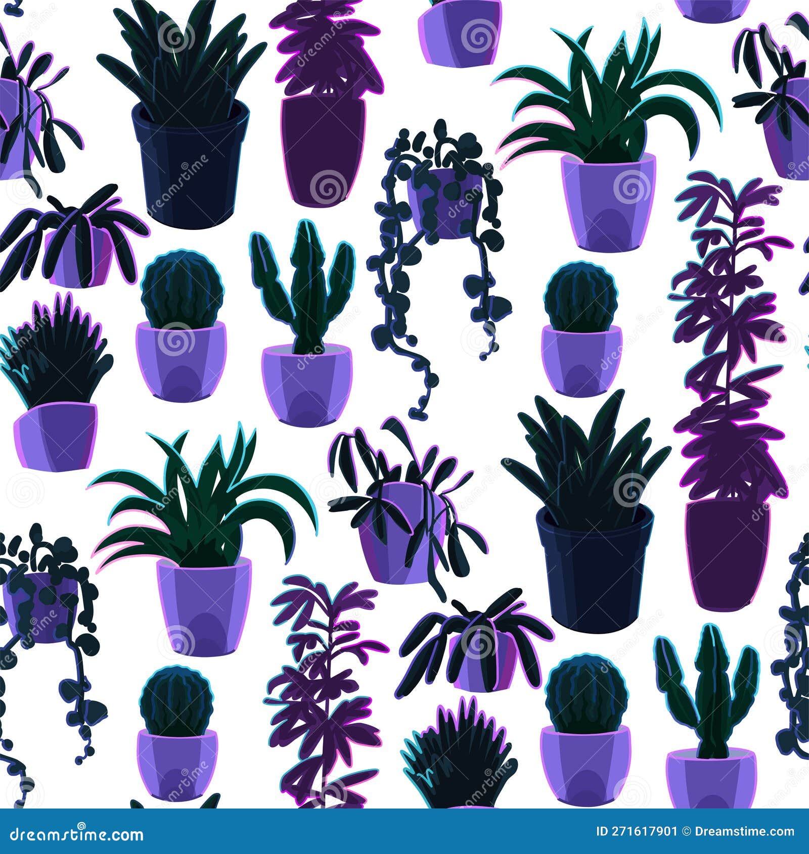 Abstract Seamless Pattern of a Various House Plants in a Different Pots ...