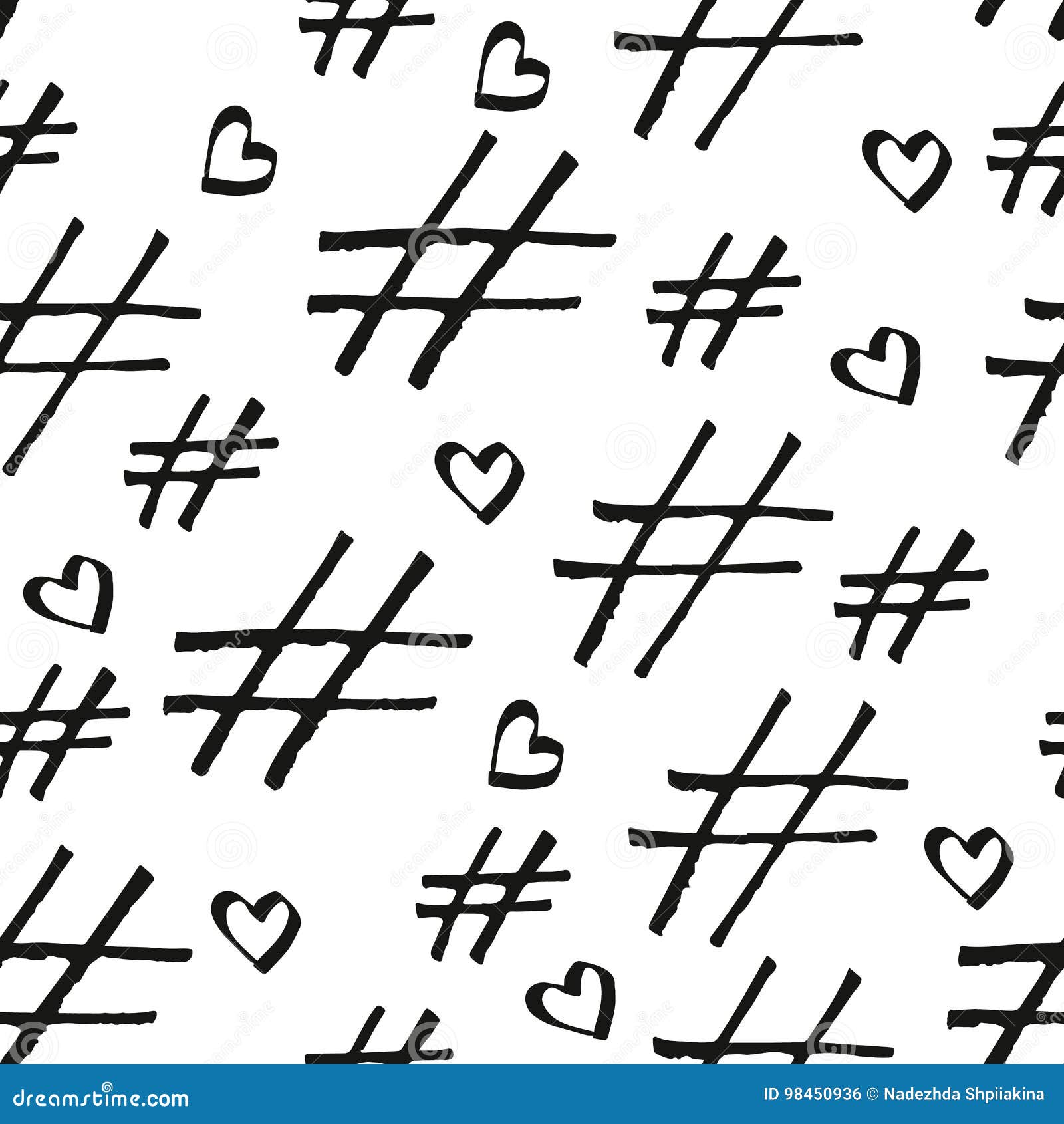 Abstract Seamless Vector Pattern with Hand Drawn Heart and Hashtag ...