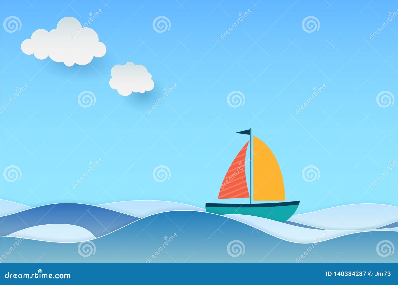 Abstract Seascape with Waves, Boat, Sky and Clouds Stock Vector ...