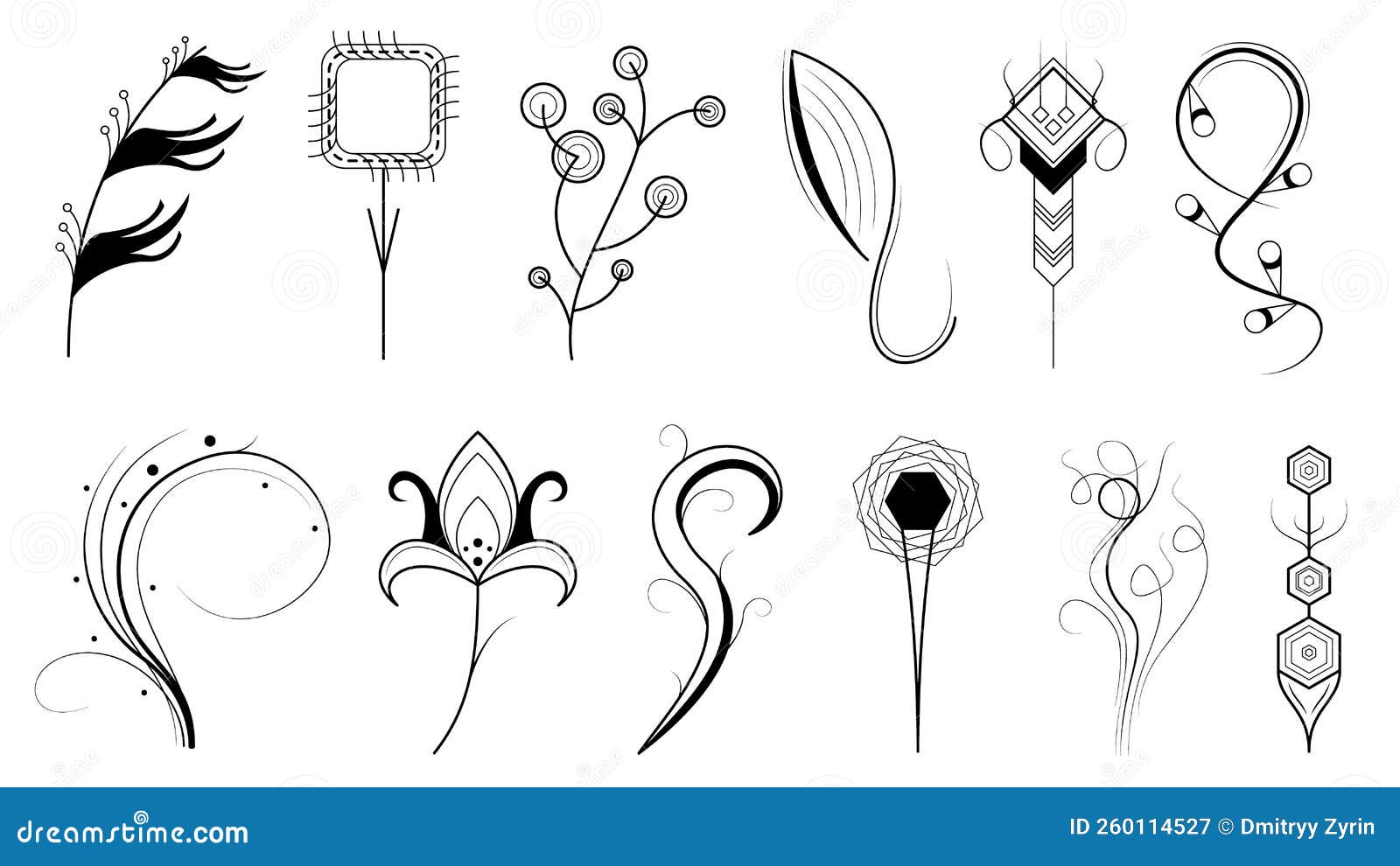 Abstract Set Doodle Elements Hand Drawn Collection Botanic Herbal Flora