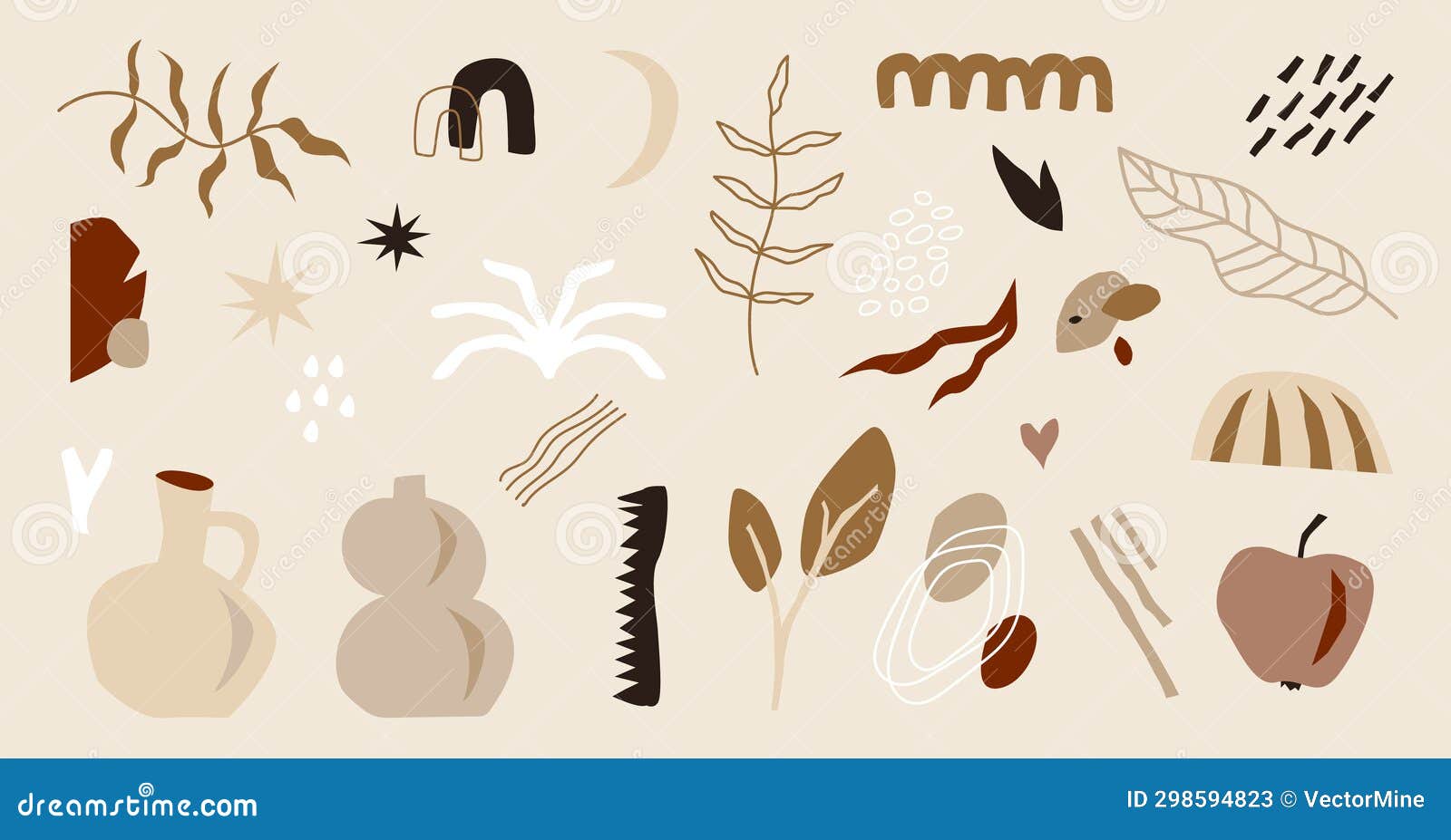 Abstract Shapes and Hand Drawn Nature Art Beige Objects Vector ...