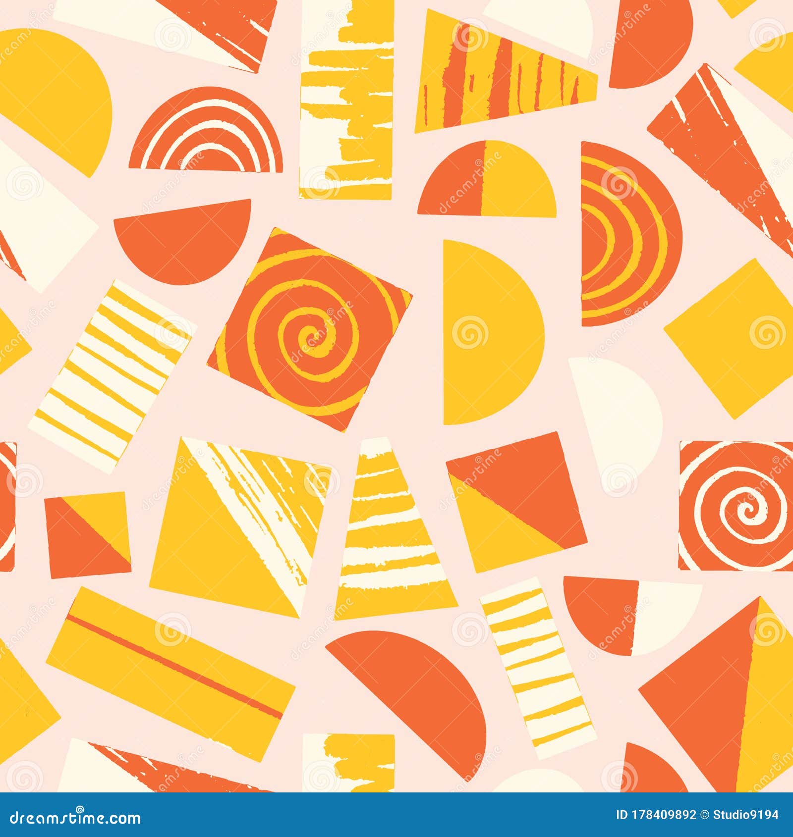 Abstract Shapes Yellow Orange White on Pink Seamless Vector Pattern ...