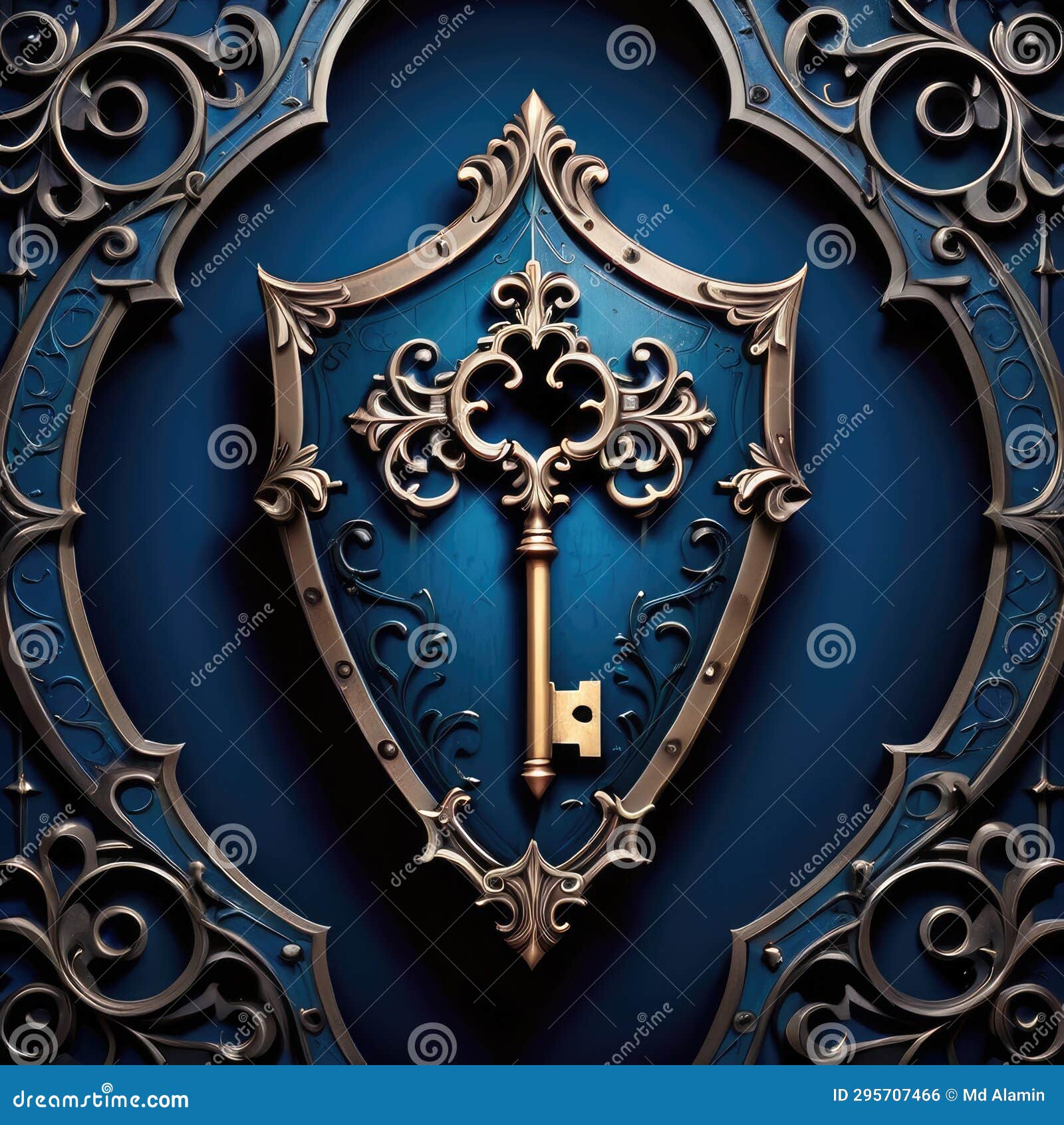Abstract Shield with Key Inside on Blue Background Stock Illustration ...