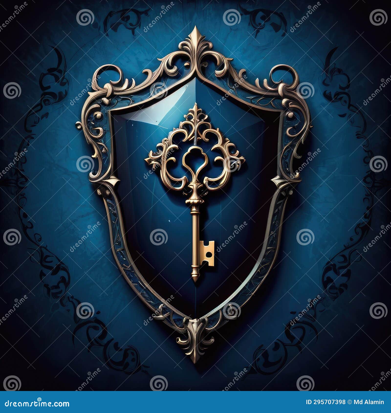 Abstract Shield with Key Inside on Blue Background Stock Illustration ...