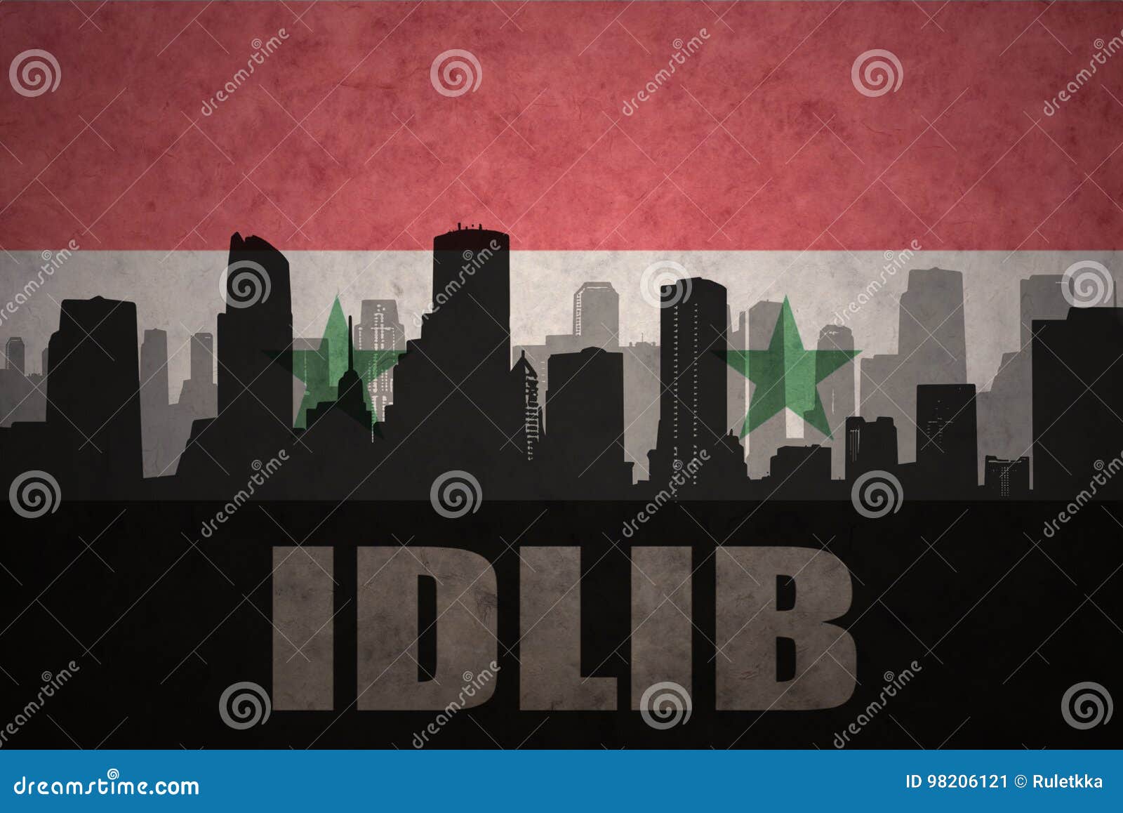Abstract Silhouette of the City with Text Idlib at the Vintage Syrian ...
