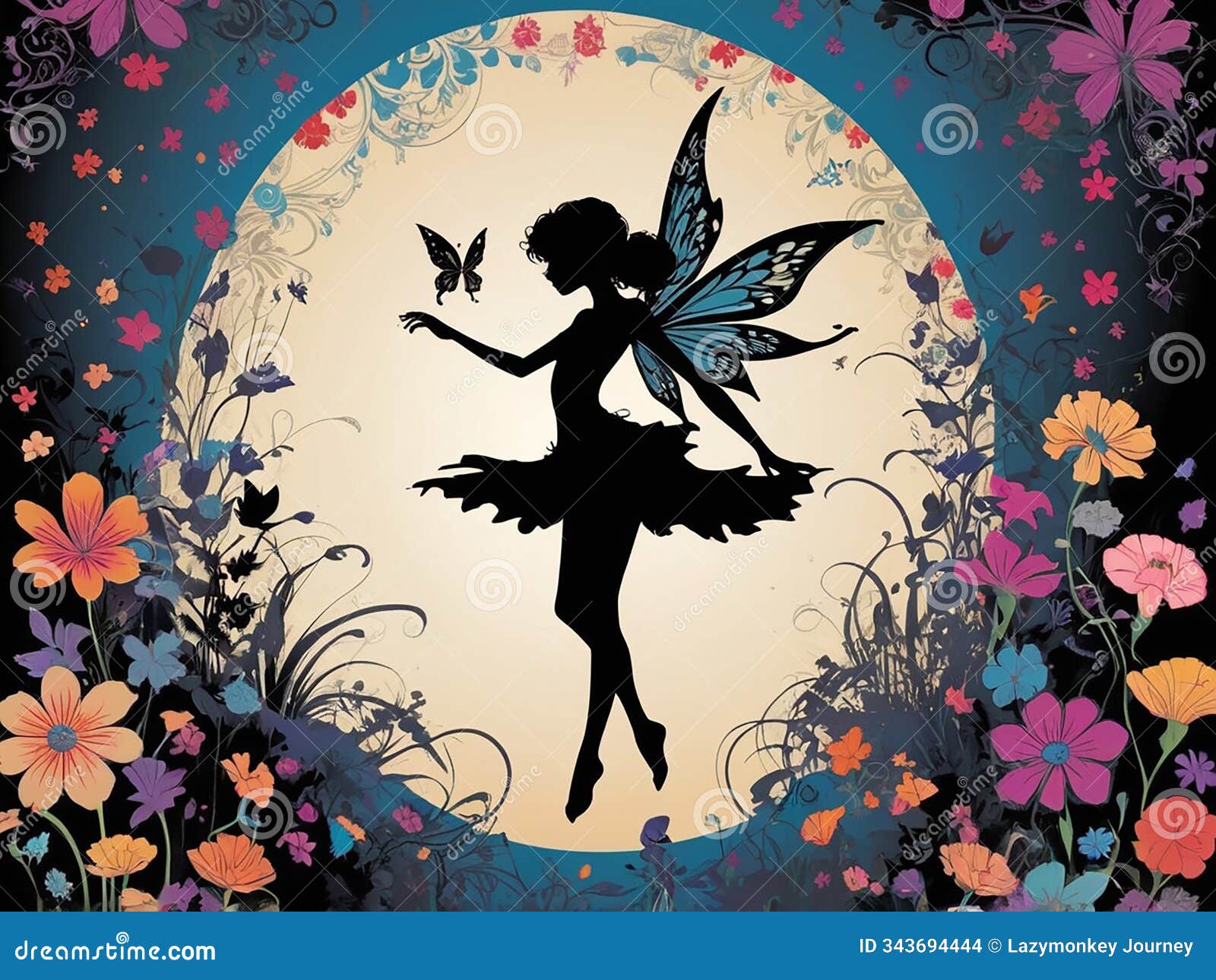 Abstract Silhouette of Funky Fairy on Flower Pattern Design ...