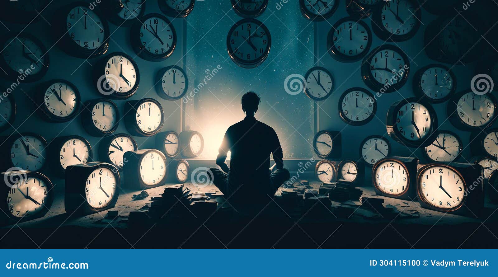 Abstract of Silhouette Man Sitting with Clocks. Time Management Concept ...