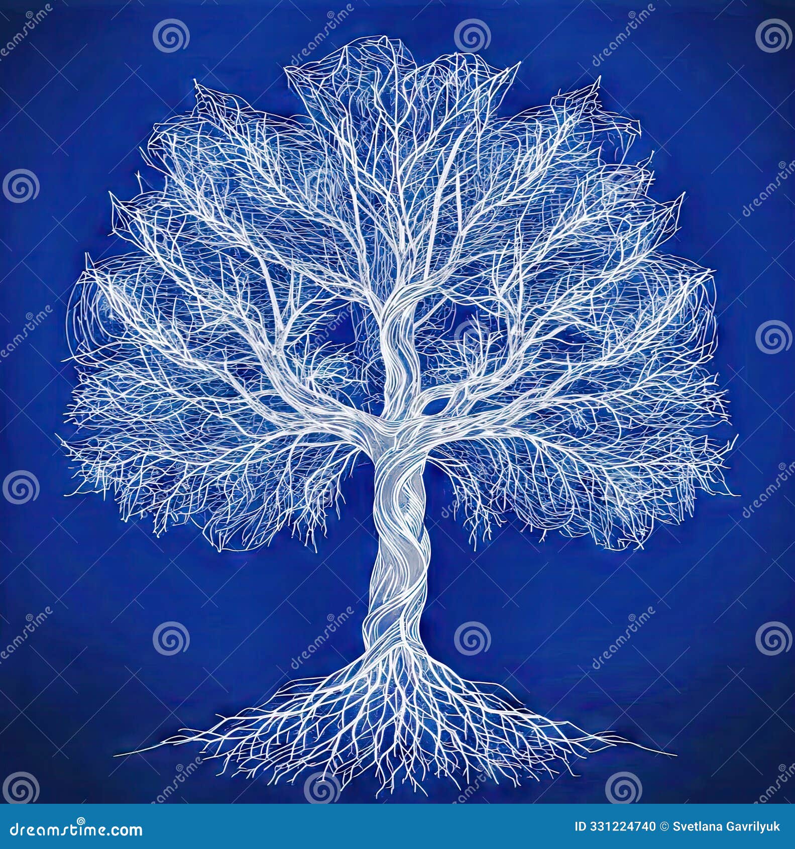 Abstract Silhouette of the Tree of Life on Blue in Silver, the Inner ...