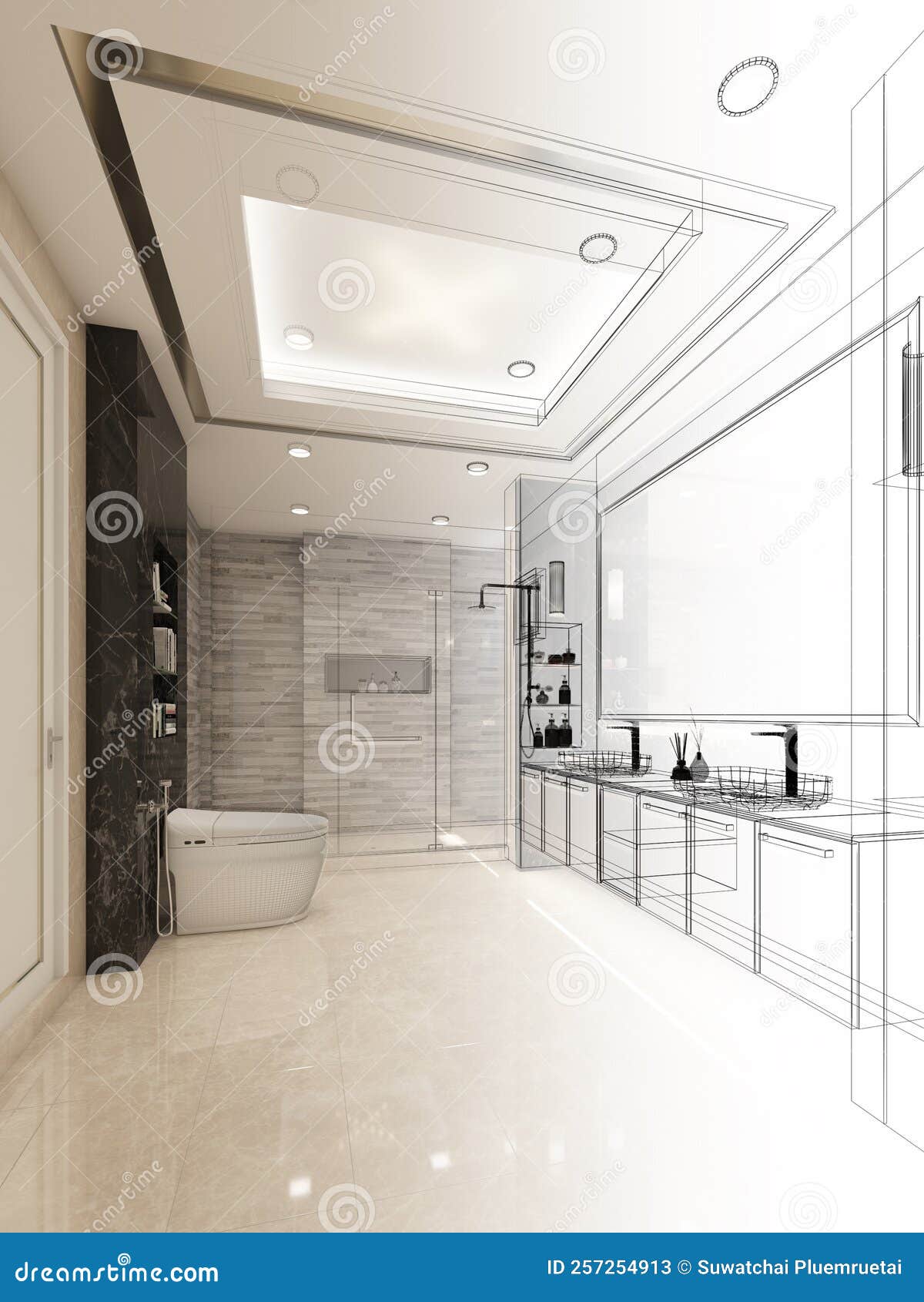 Abstract Sketch Design of Interior Bathroom ,3d Stock Illustration ...
