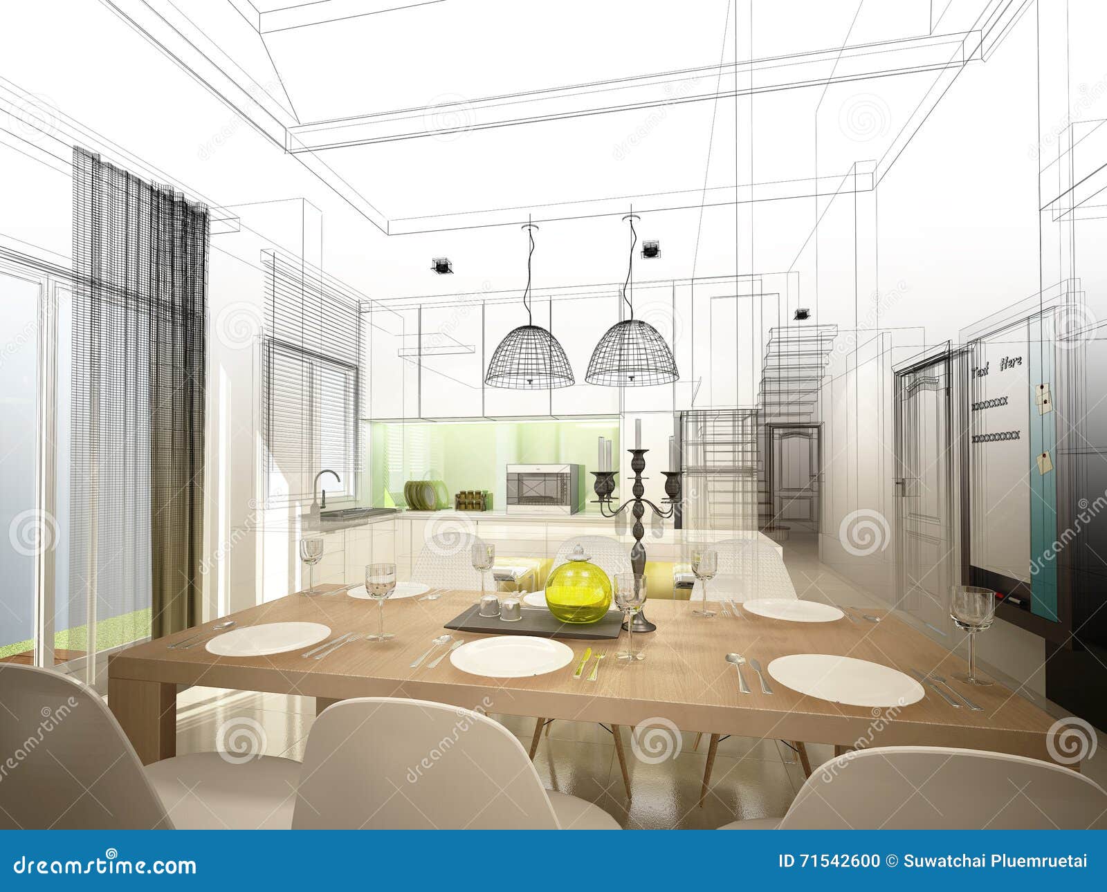 Abstract Sketch Design of Interior Dining and Kitchen Room ,3d Stock ...