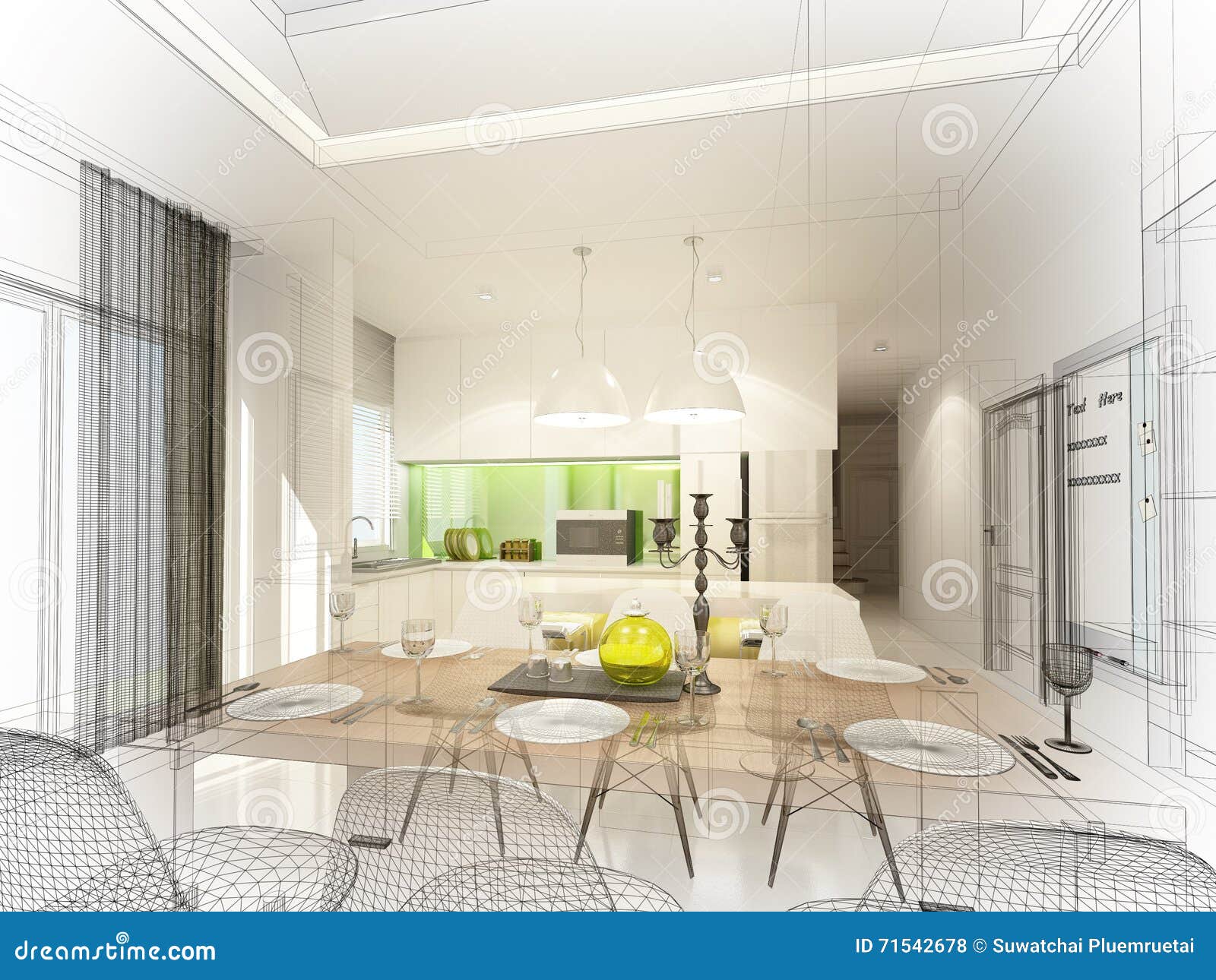 Abstract Sketch Design of Interior Dining and Kitchen Room ,3d Stock ...
