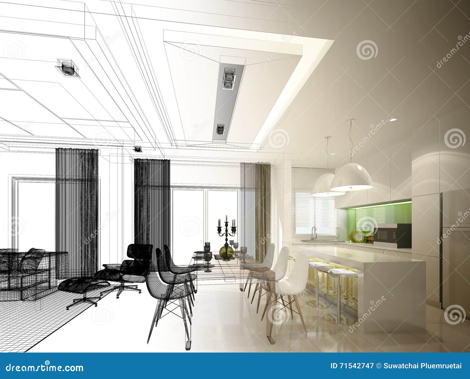 Abstract Sketch Design of Interior Dining and Kitchen Room ,3d Stock ...