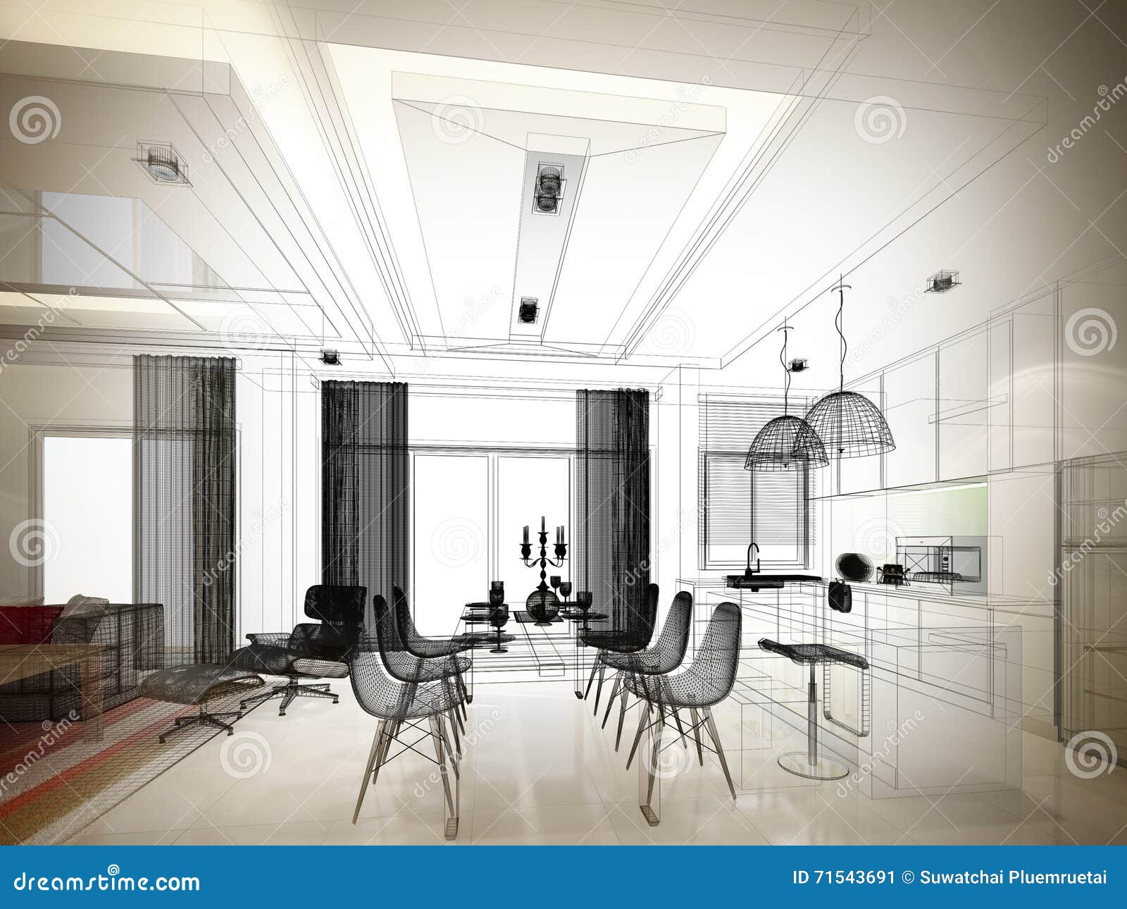 Abstract Sketch Design of Interior Dining and Kitchen Room ,3d Stock ...