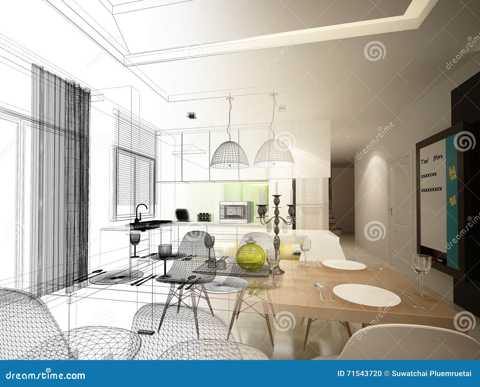 Abstract Sketch Design of Interior Dining and Kitchen Room ,3d Stock ...