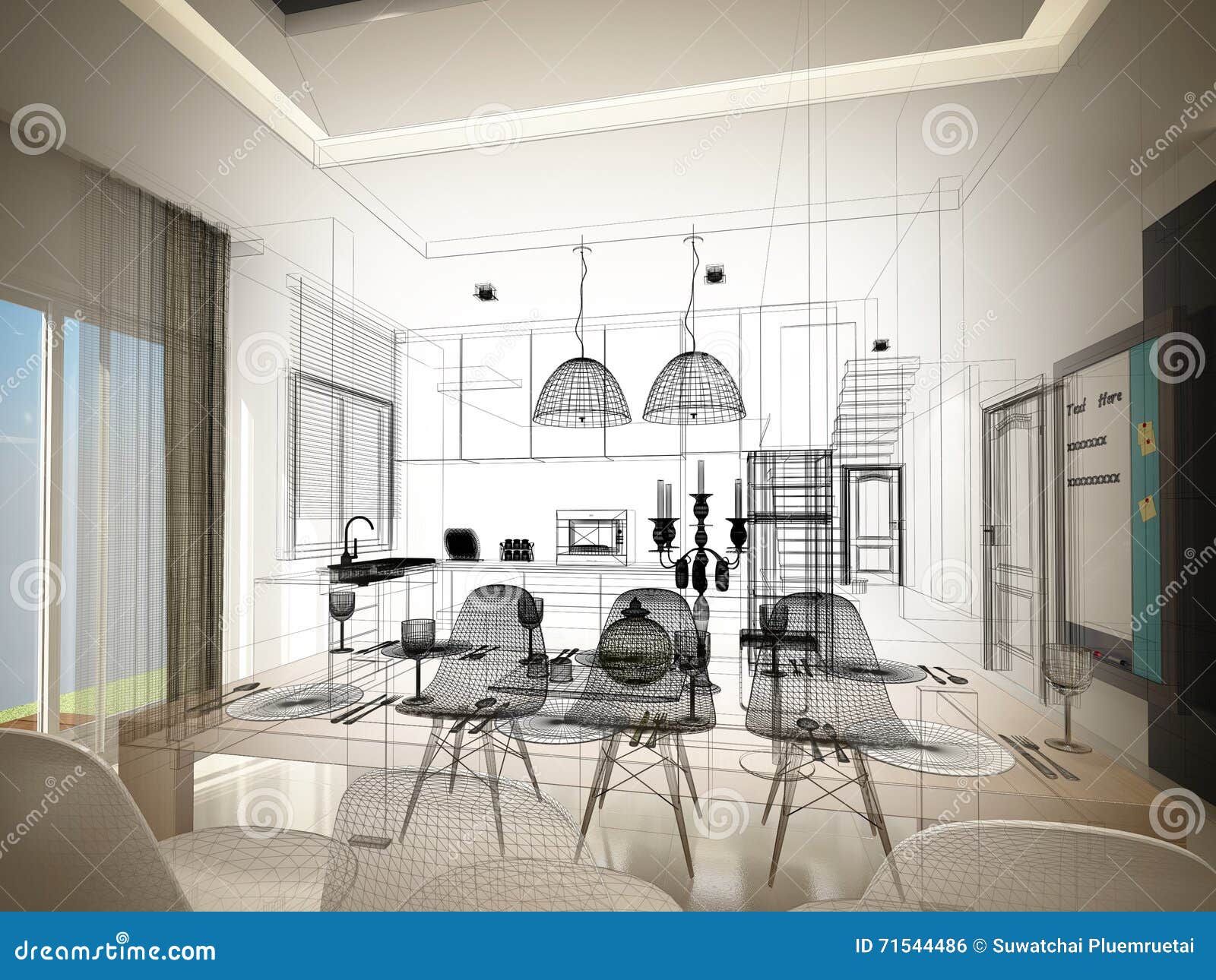 Abstract Sketch Design of Interior Dining and Kitchen Room ,3d Stock ...