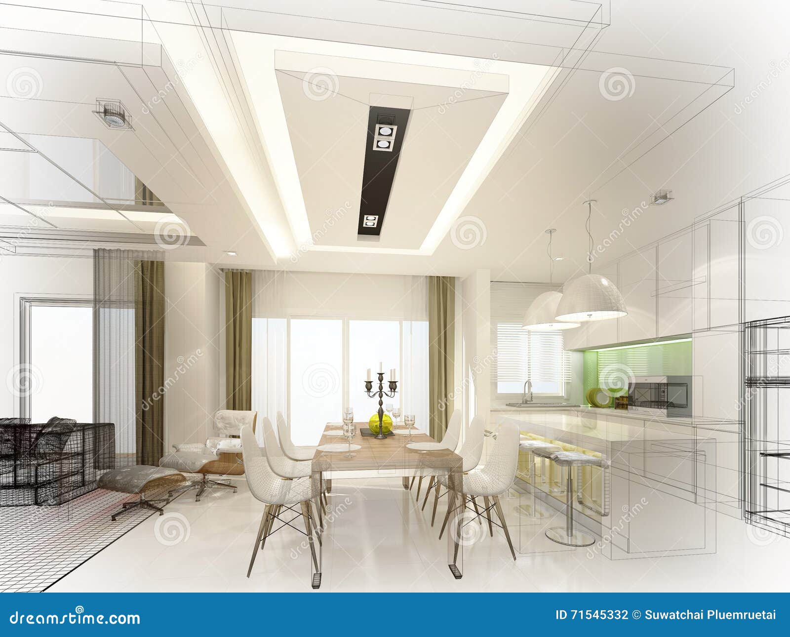 Abstract Sketch Design of Interior Dining and Kitchen Room ,3d Stock ...