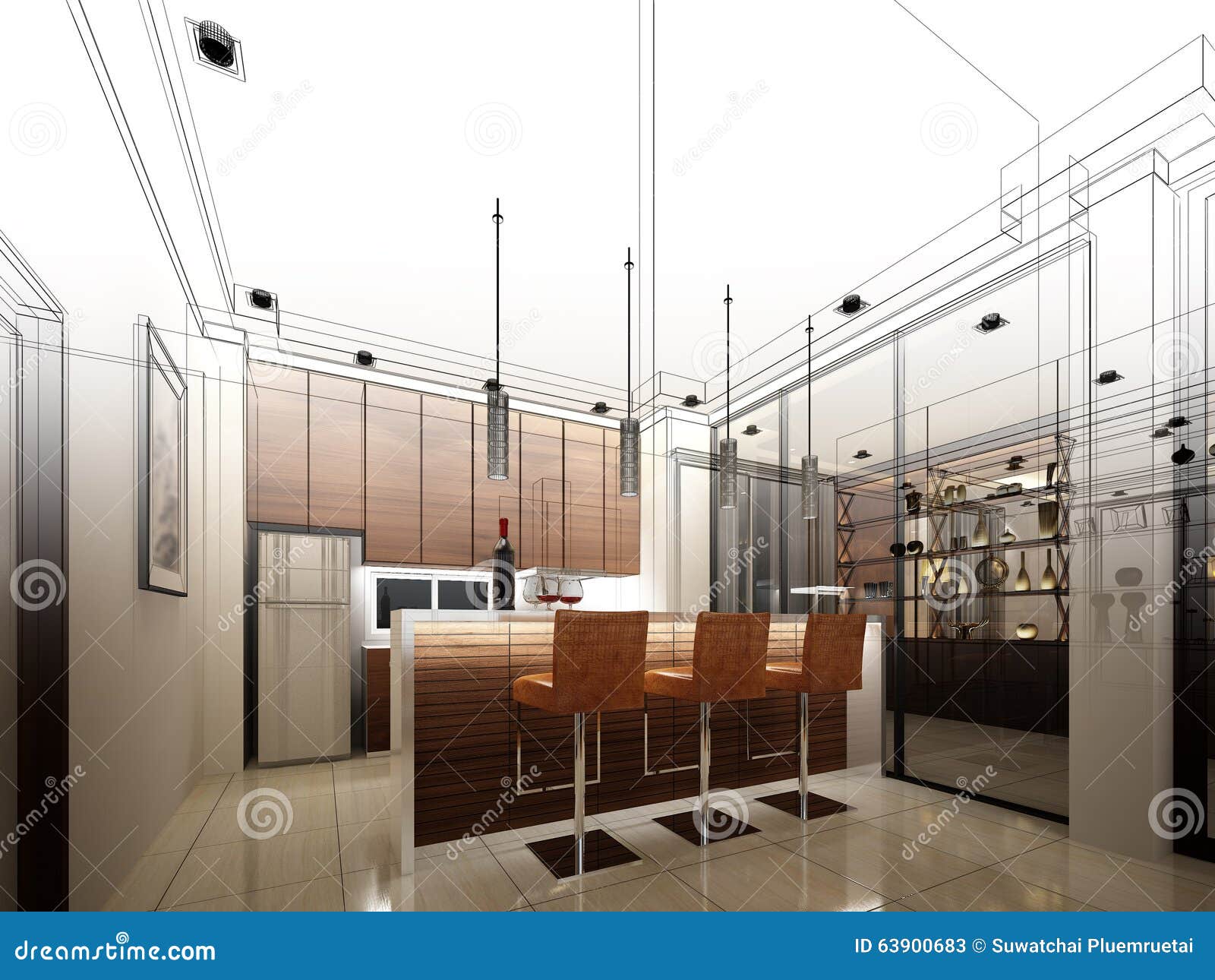 Abstract Sketch Design of Interior Kitchen Stock Illustration ...