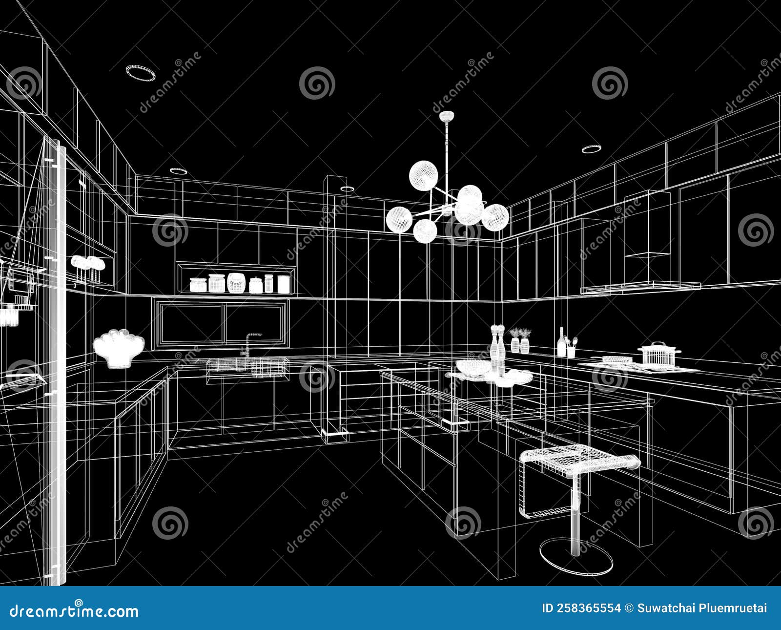 Abstract Sketch Design of Kitchen Room ,3d Stock Illustration ...