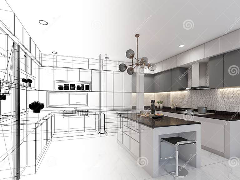 Abstract Sketch Design of Kitchen Room ,3d Stock Illustration ...