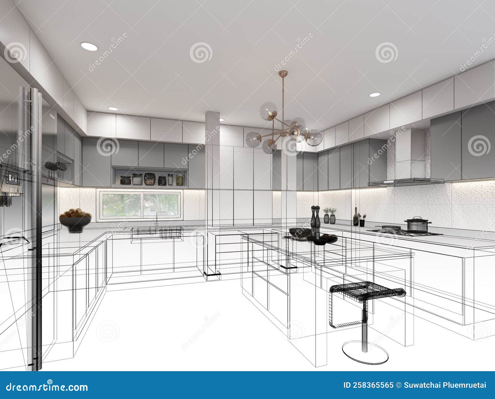 Abstract Sketch Design of Kitchen Room ,3d Stock Illustration ...