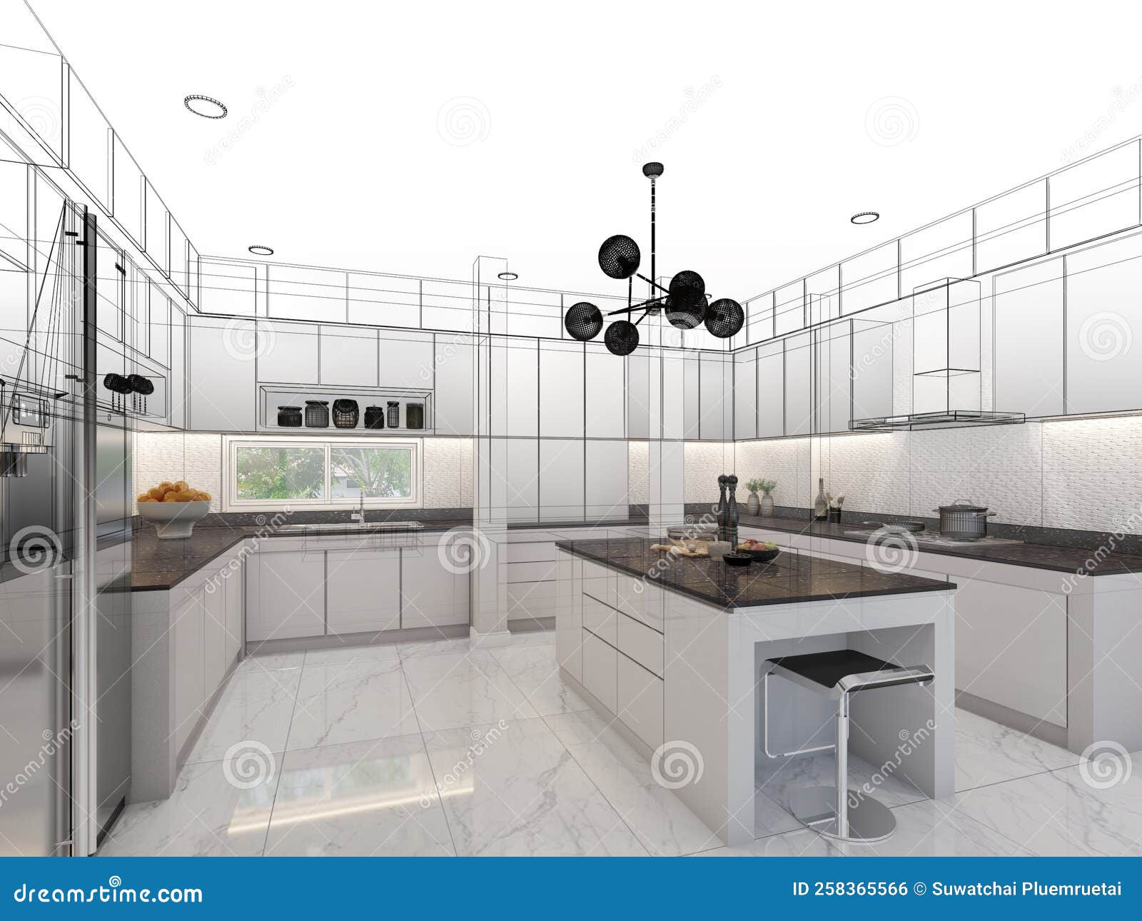 Abstract Sketch Design of Kitchen Room ,3d Stock Illustration ...