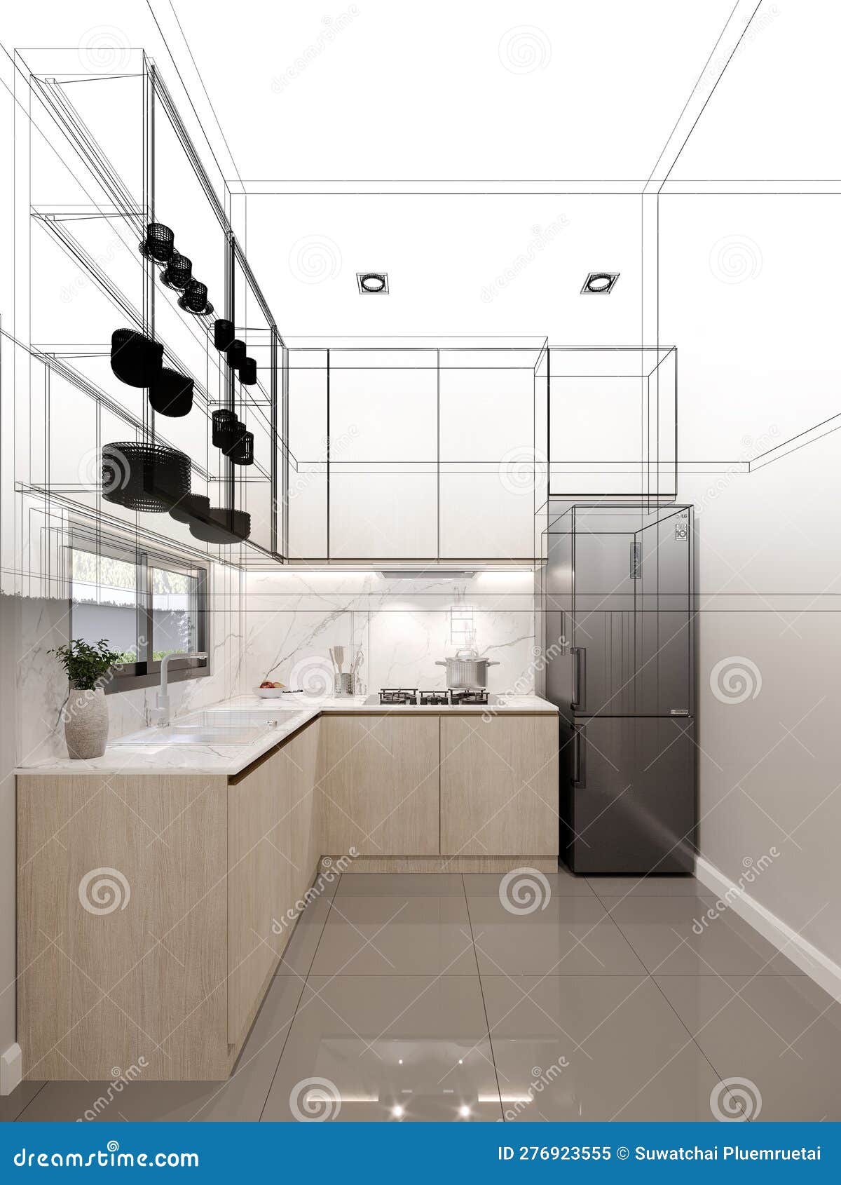 Abstract Sketch Design of Kitchen Room ,3d Stock Illustration ...