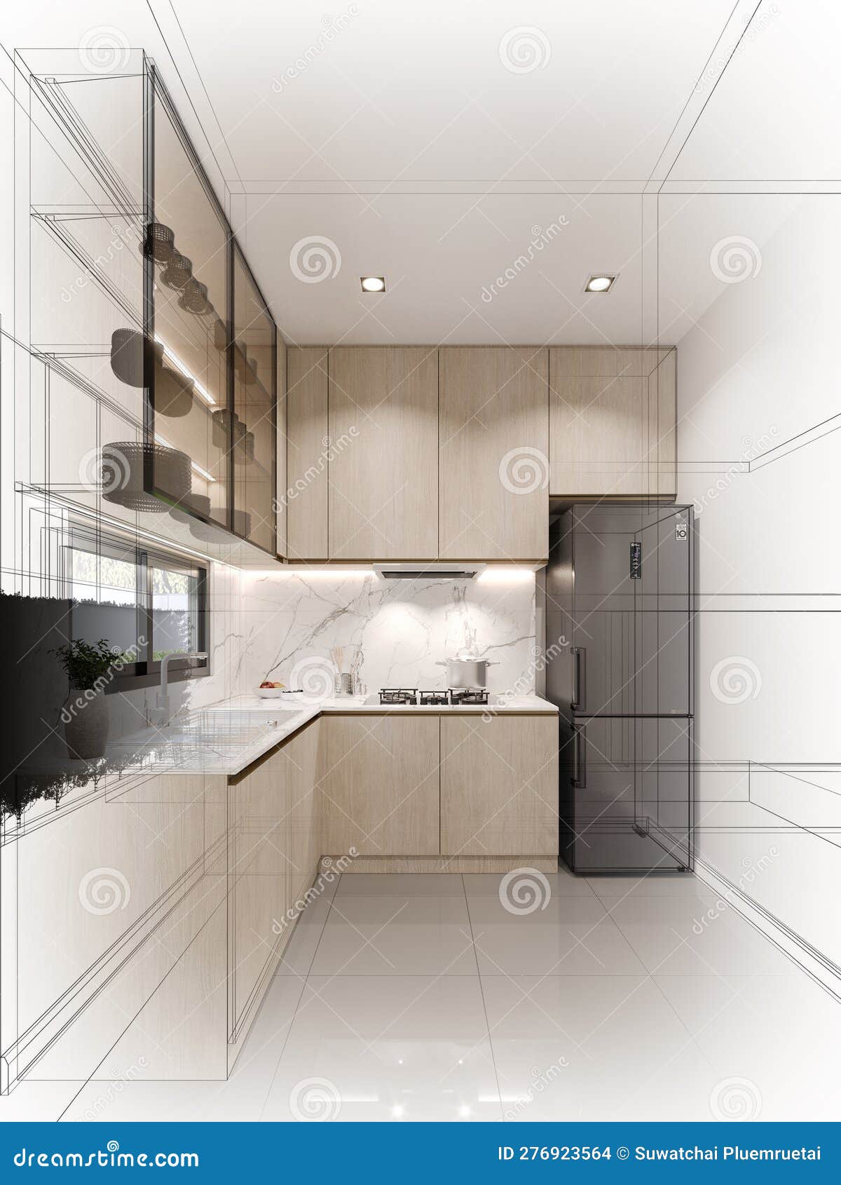 Abstract Sketch Design of Kitchen Room ,3d Stock Illustration ...