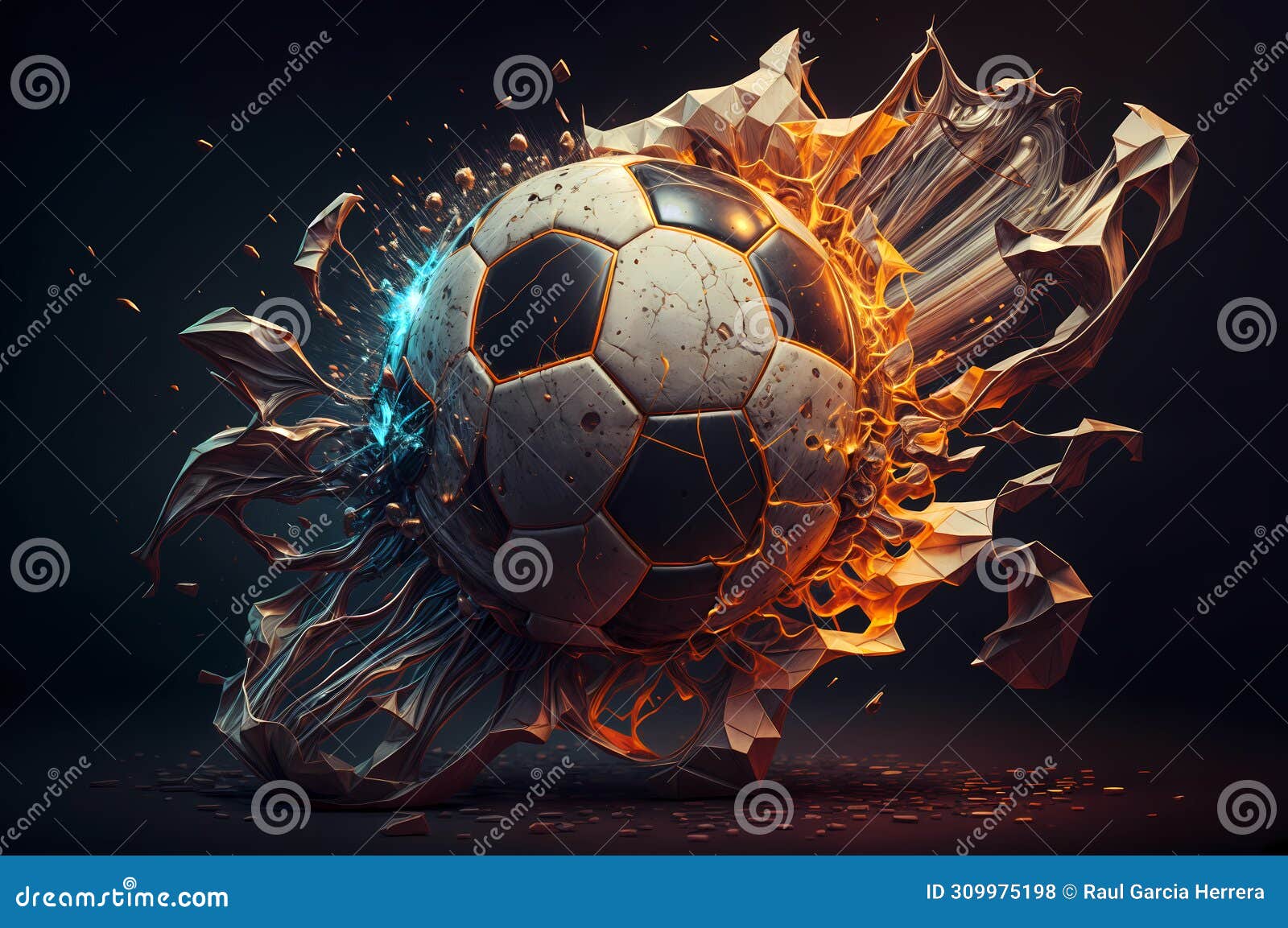 Abstract Soccer Ball on Fire, Exploding Y Surrounded by Blue Energy ...