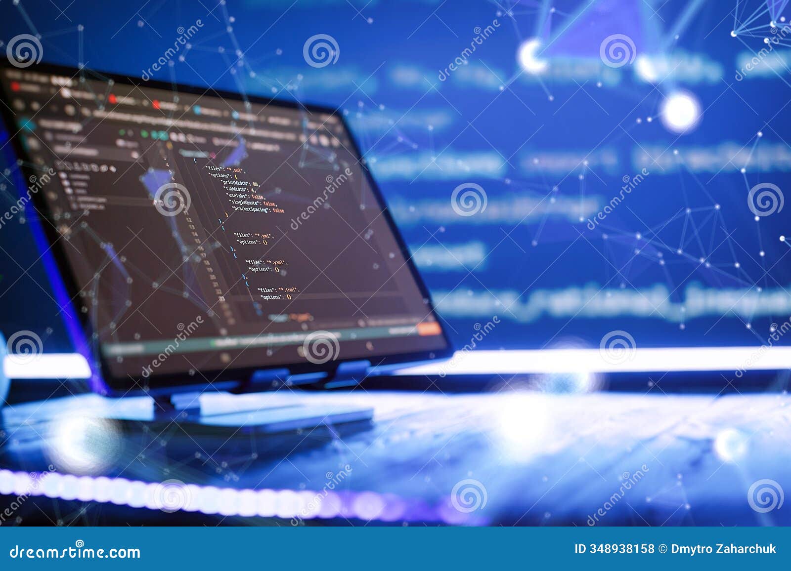 Abstract Software Development Concept With Code And Laptop On Blurred Background Representing