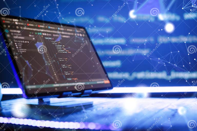 Abstract Software Development Concept with Code and Laptop on Blurred ...