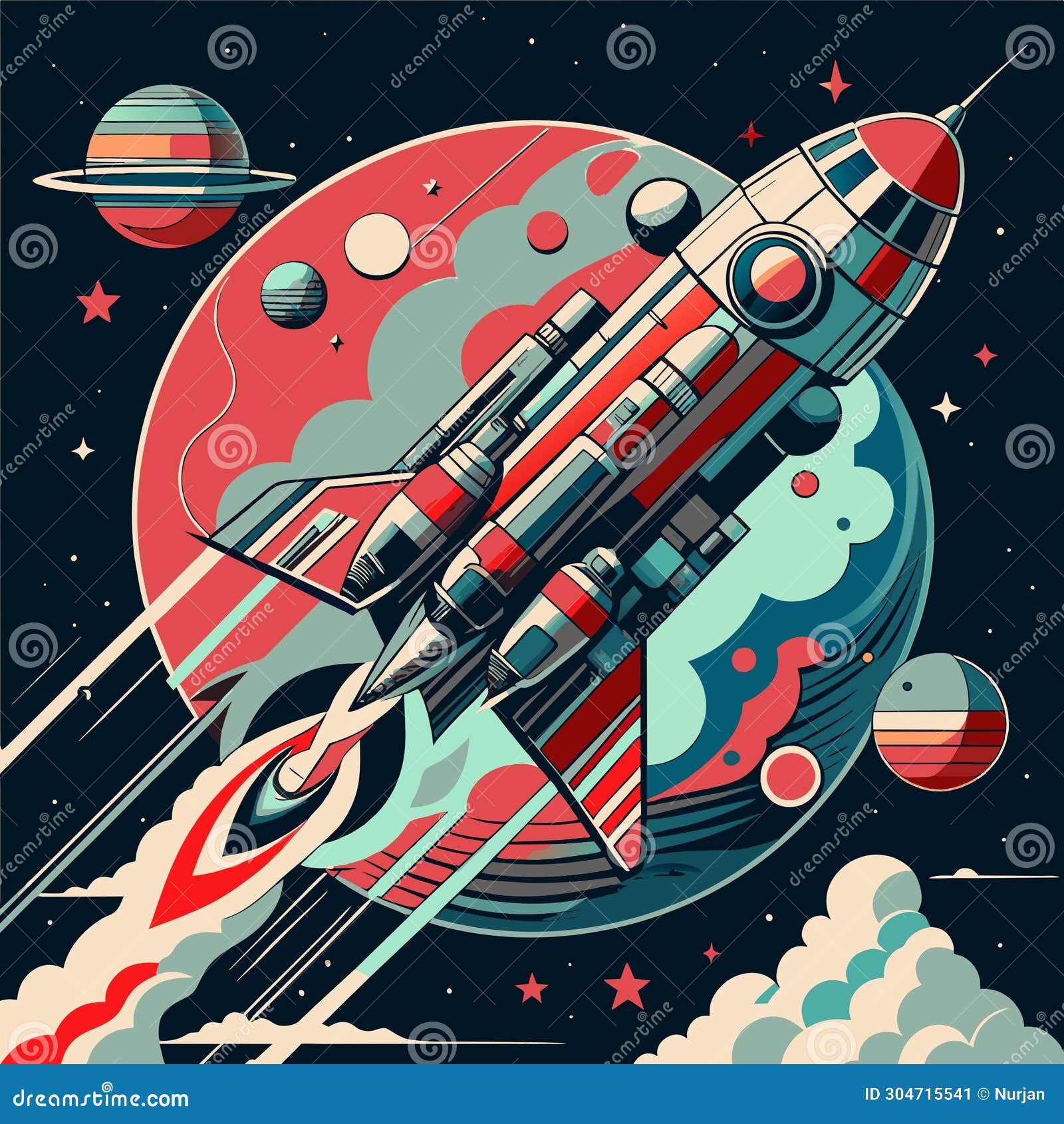 Abstract Space Drawing with a Rocket Flying Past the Planets Stock ...