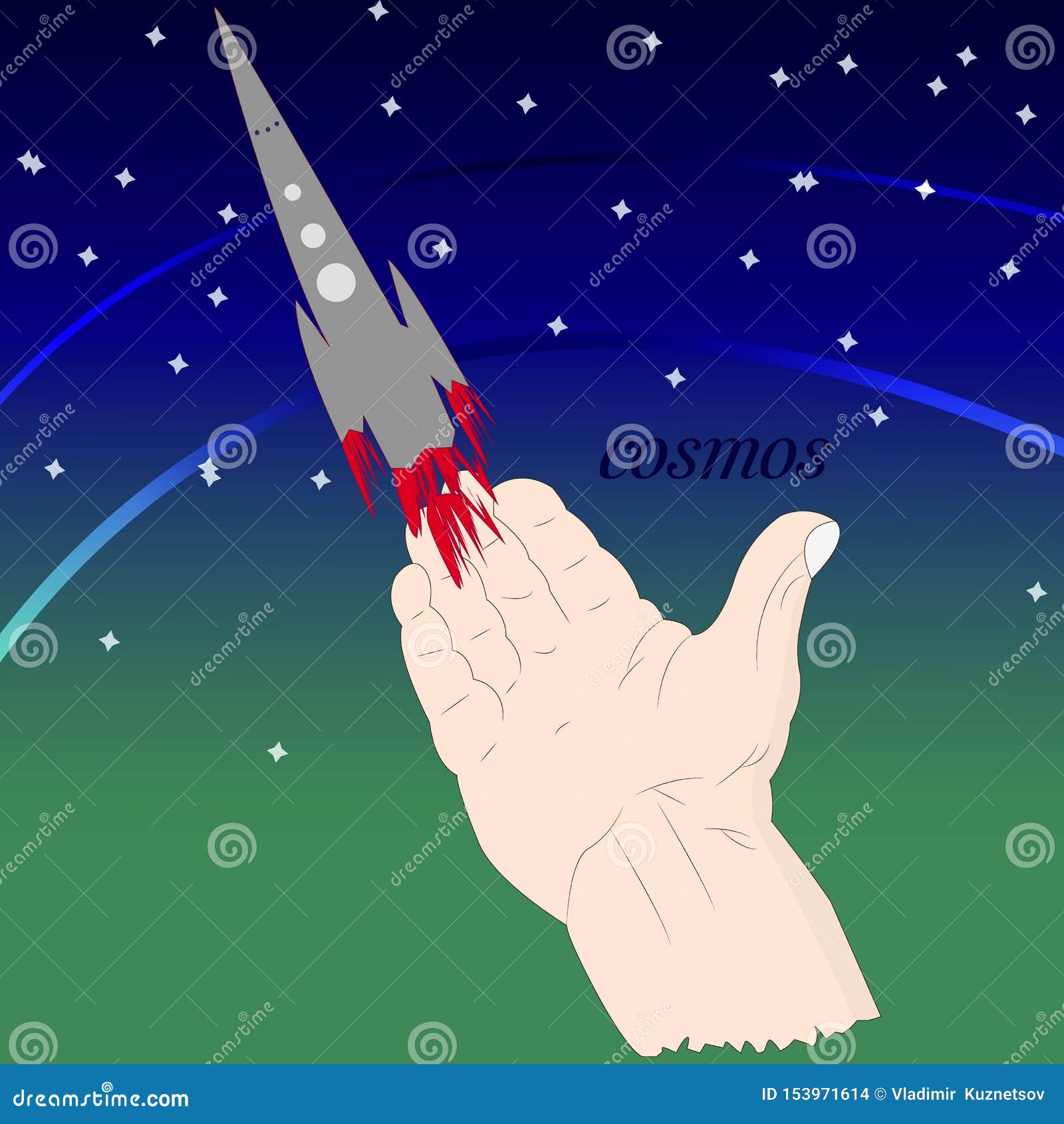 Abstract Space Illustration, Rocket Launch. Hand and Rocket Symbol ...