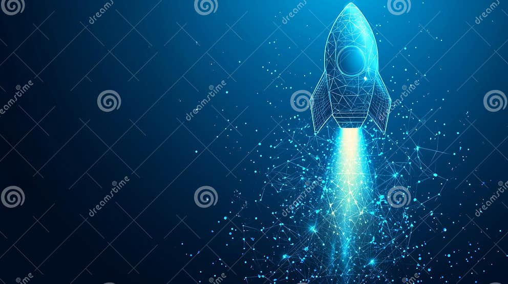 Abstract Space Rocket Launch on Blue Technology Background with Connected Lines and Dots Stock ...