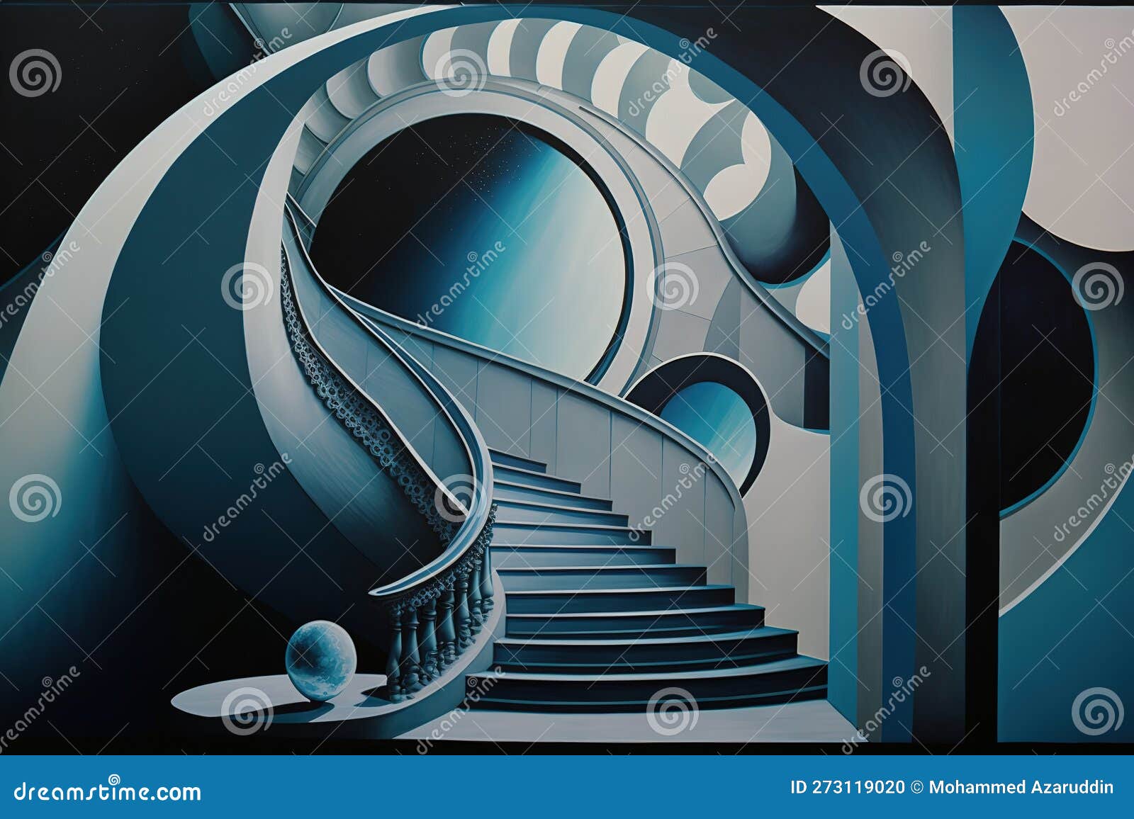 Abstract Space with Stairs and Curved Shapes in Blue Stock Illustration ...