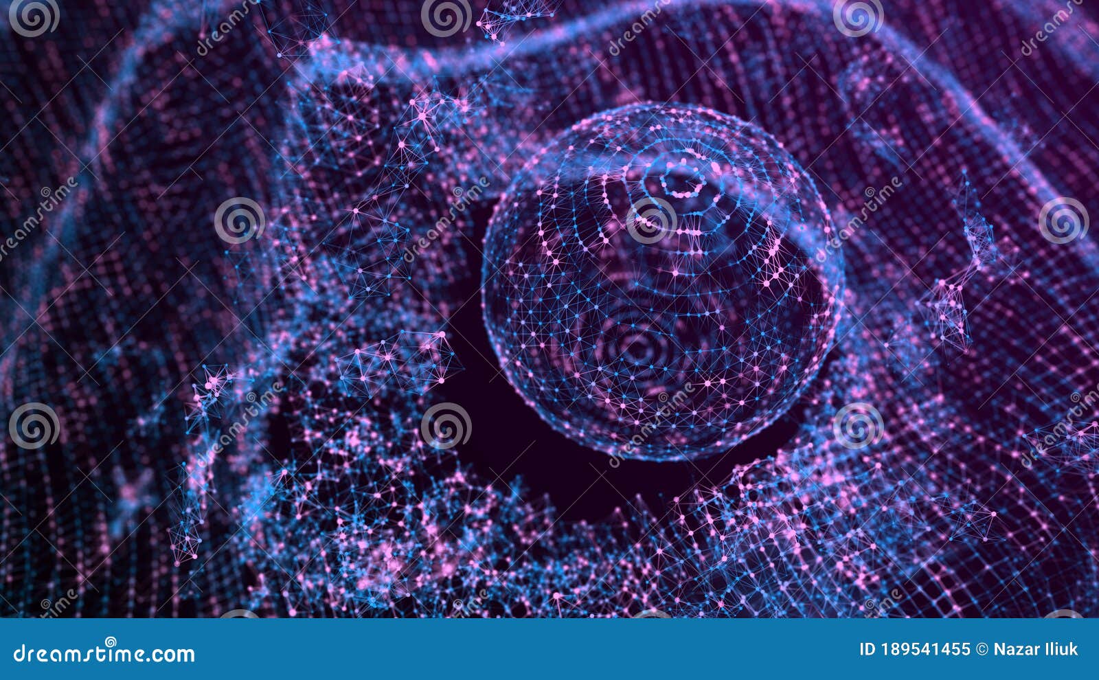 Abstract Sphere of Dots and Lines Connected To a Dynamic Wave. Atomic ...