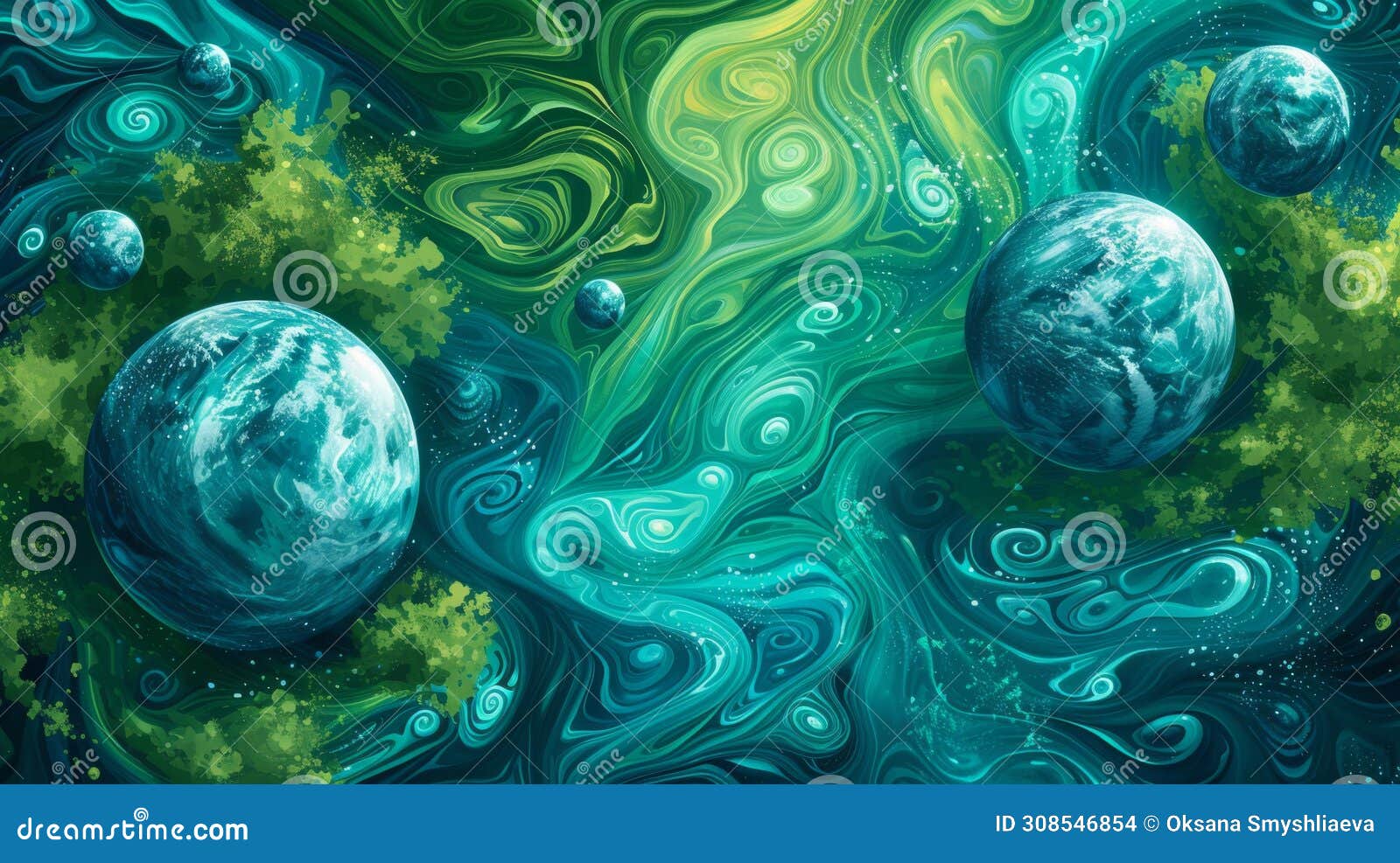 Abstract Spheres with Swirling Ocean and Forest Hues in a Cosmic ...