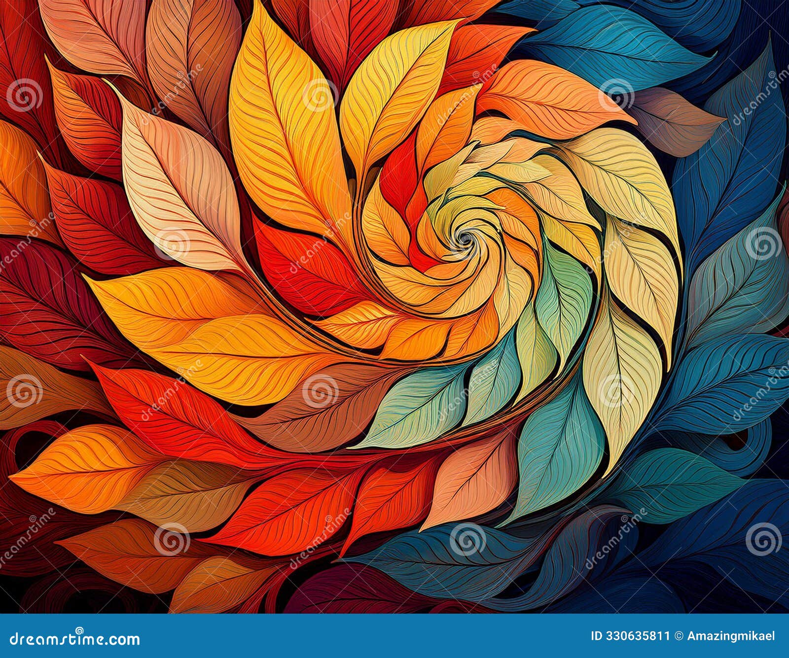 Abstract Spiral Pattern of Autumn Leaves Each Layer Showcasing a ...