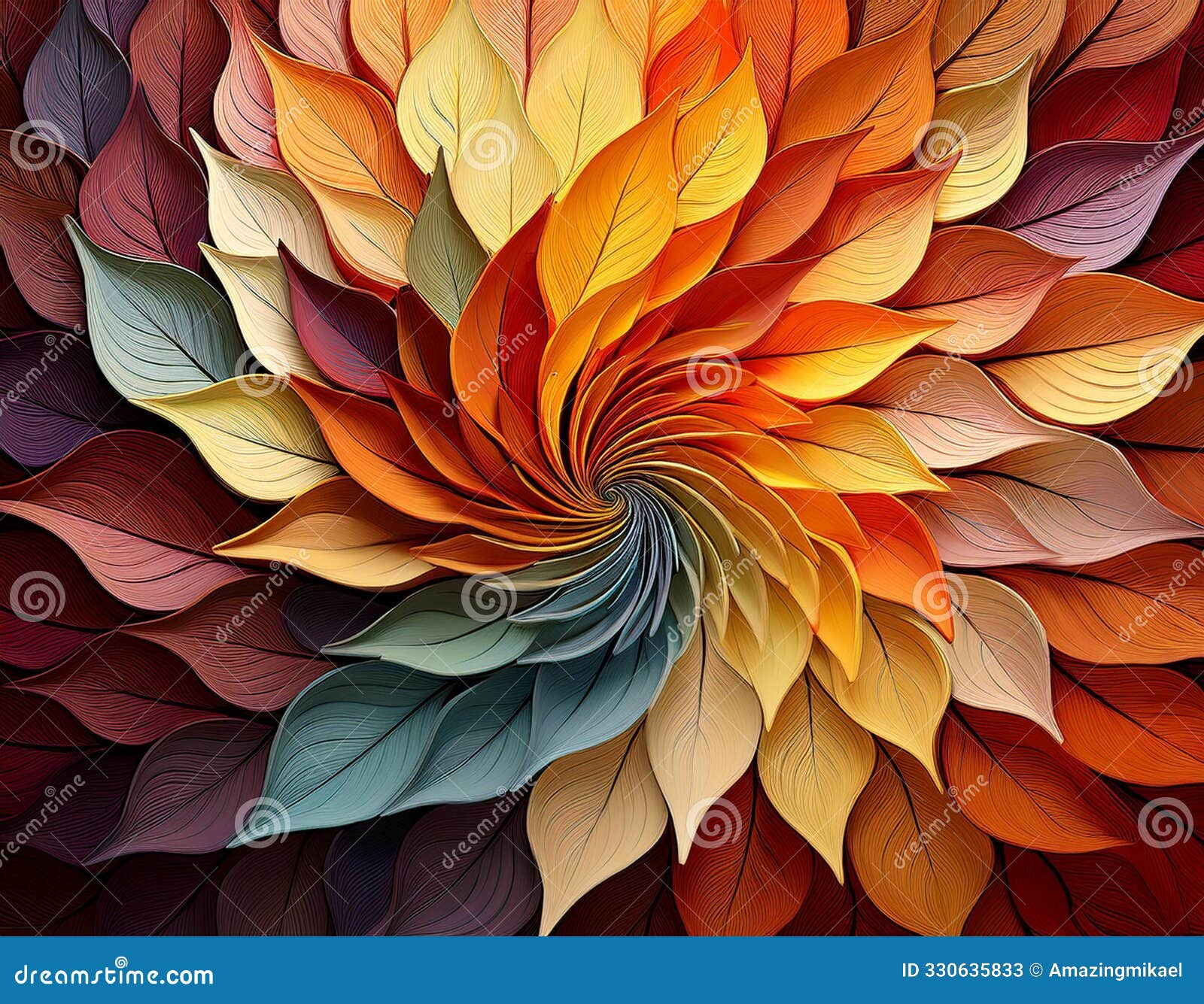 Abstract Spiral Pattern of Autumn Leaves Each Layer Showcasing a ...