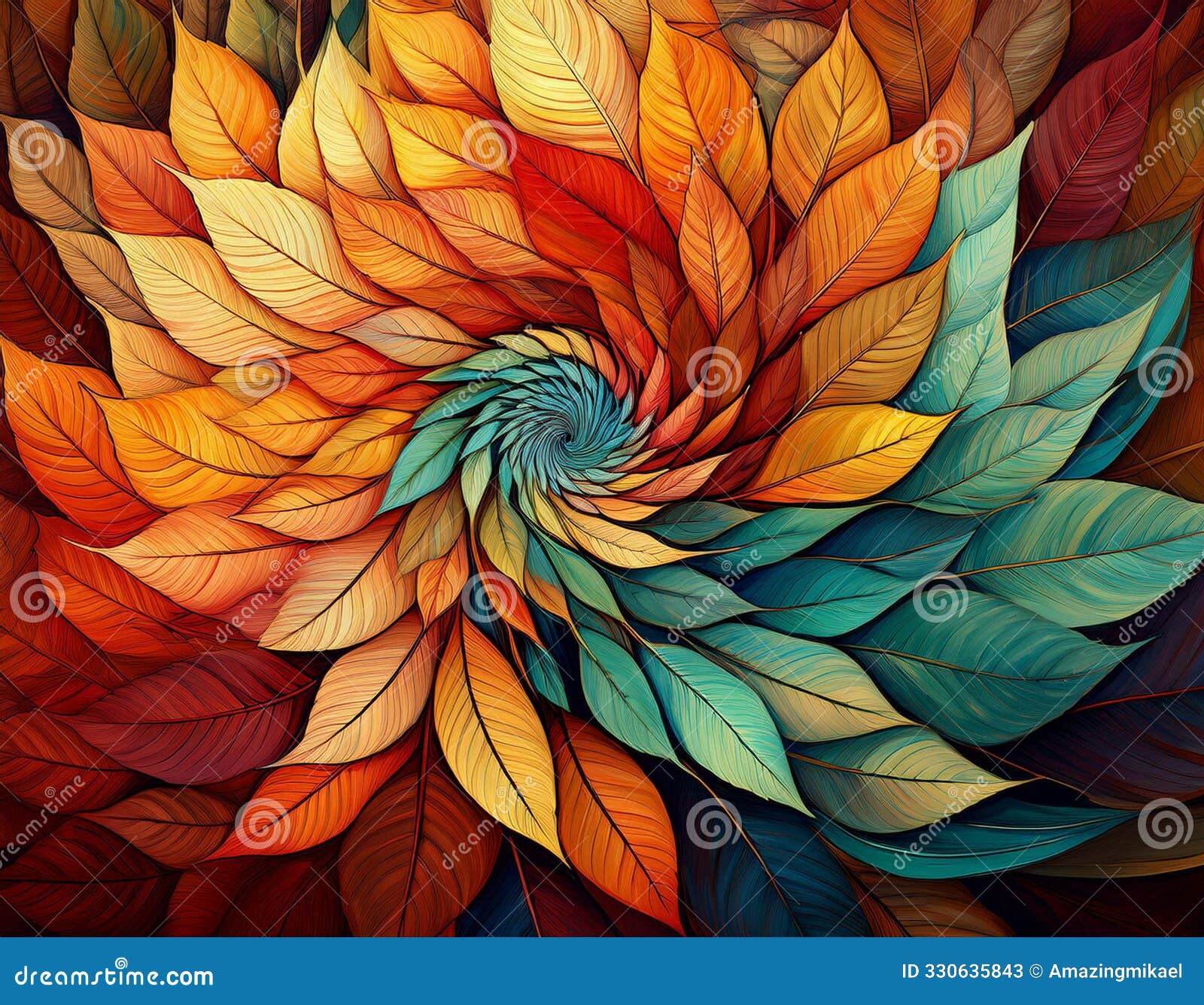 Abstract Spiral Pattern of Autumn Leaves Each Layer Showcasing a ...