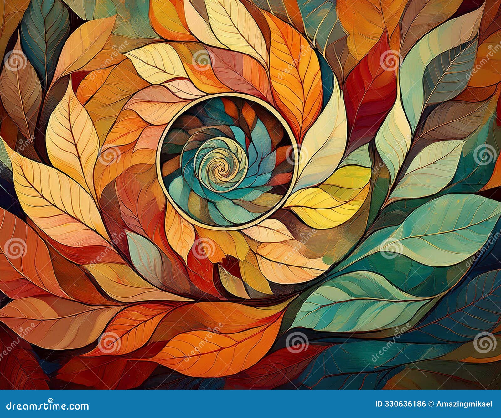 Abstract Spiral Pattern of Autumn Leaves Each Layer Showcasing a ...