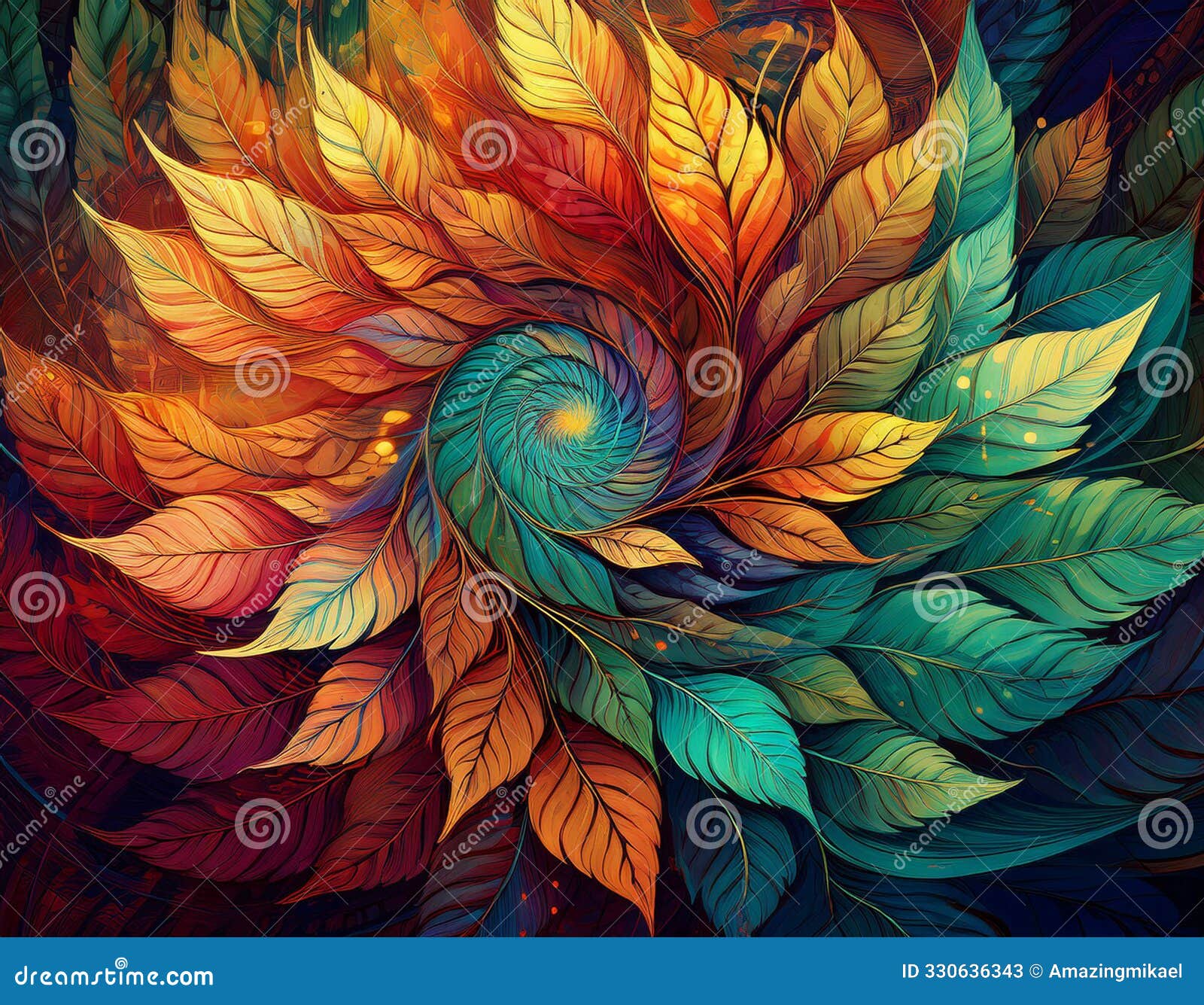 Abstract Spiral Pattern of Autumn Leaves Each Layer Showcasing a ...