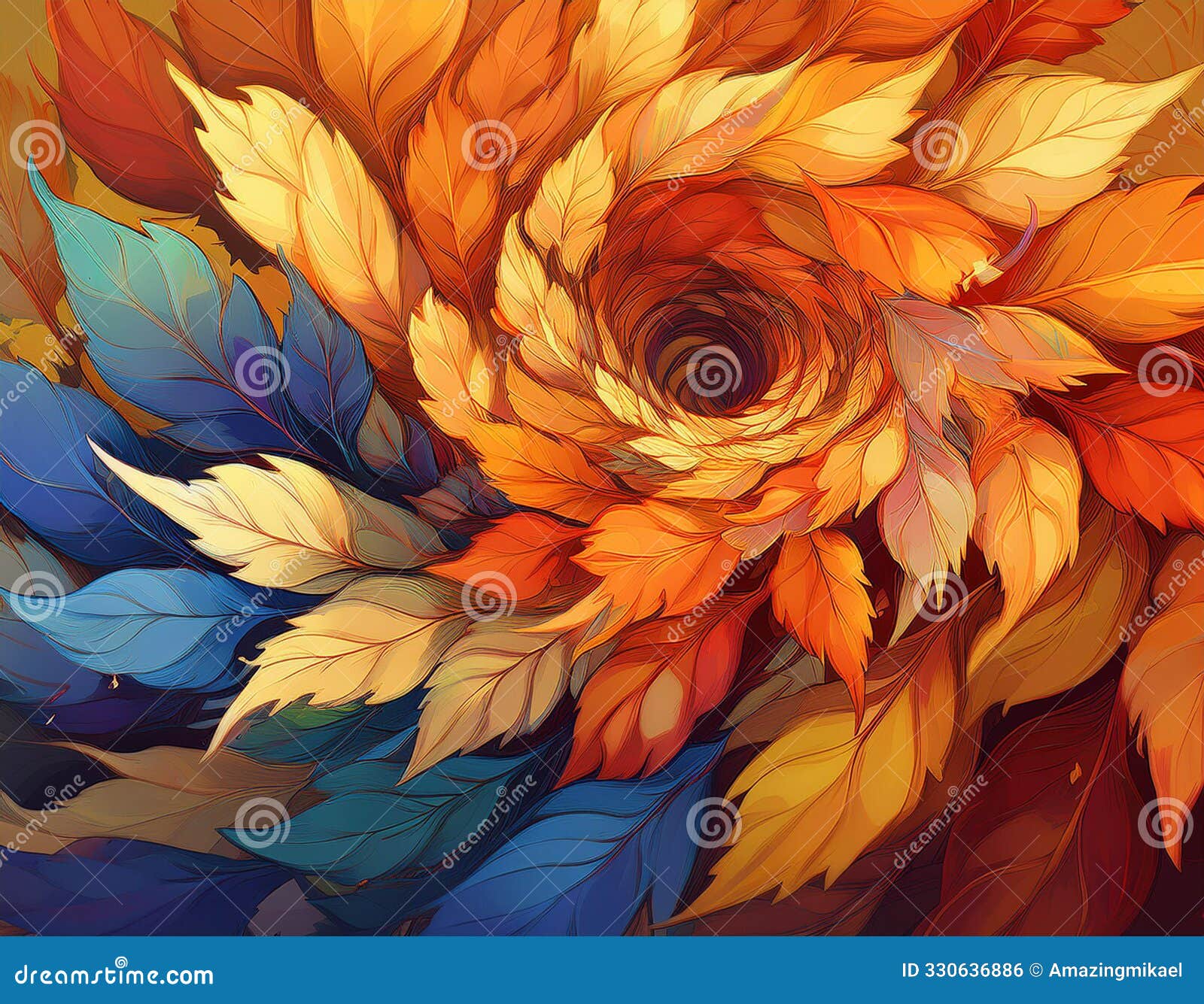Abstract Spiral Pattern of Autumn Leaves Each Layer Showcasing a ...