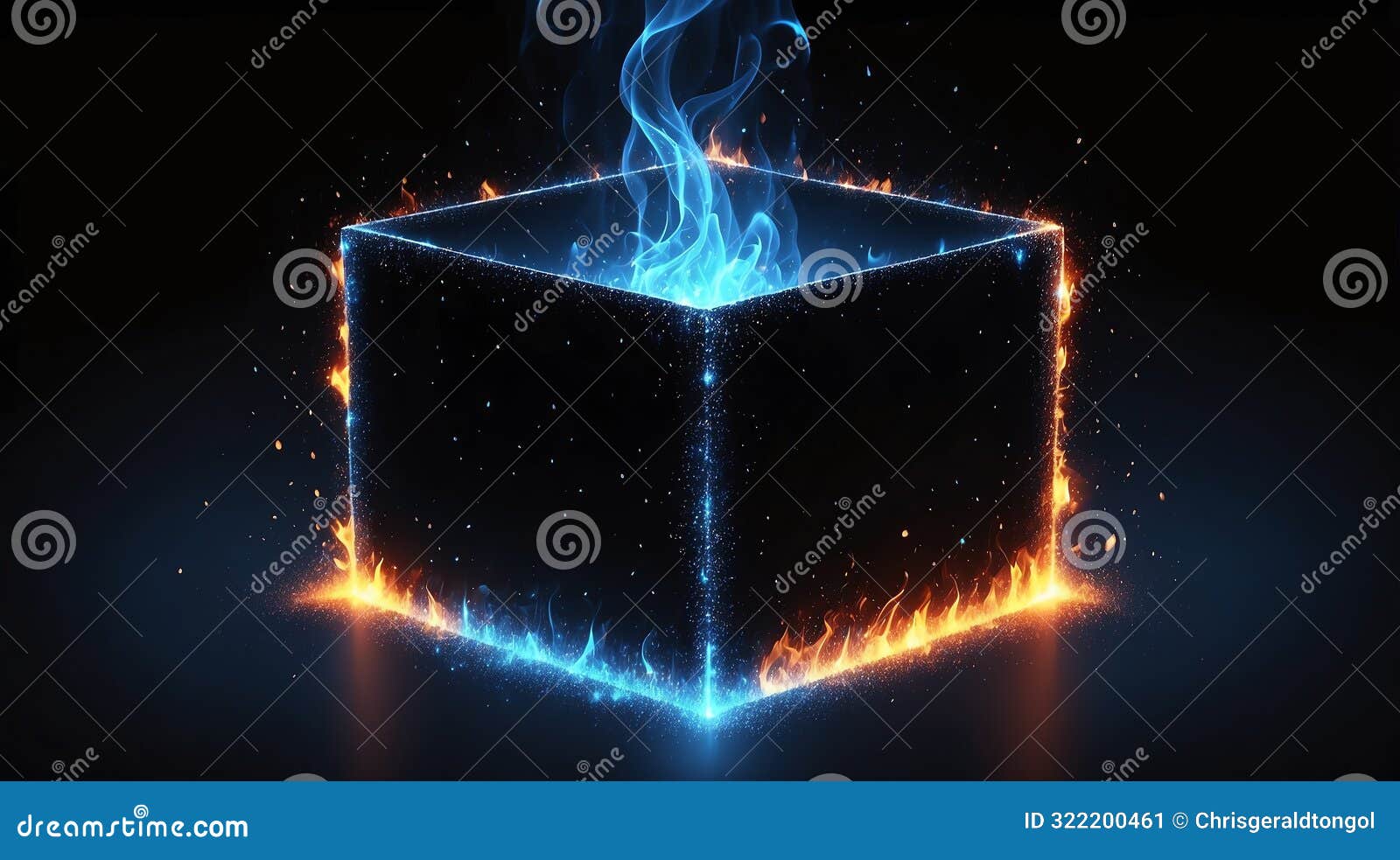Abstract Square Box of Blue Glowing Light Particles with Fire Flame on ...