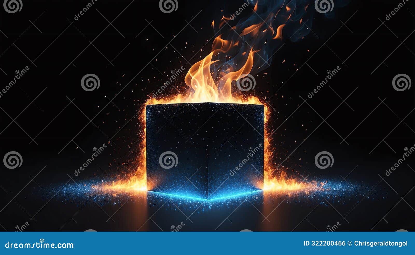 Abstract Square Box of Blue Glowing Light Particles with Fire Flame on ...