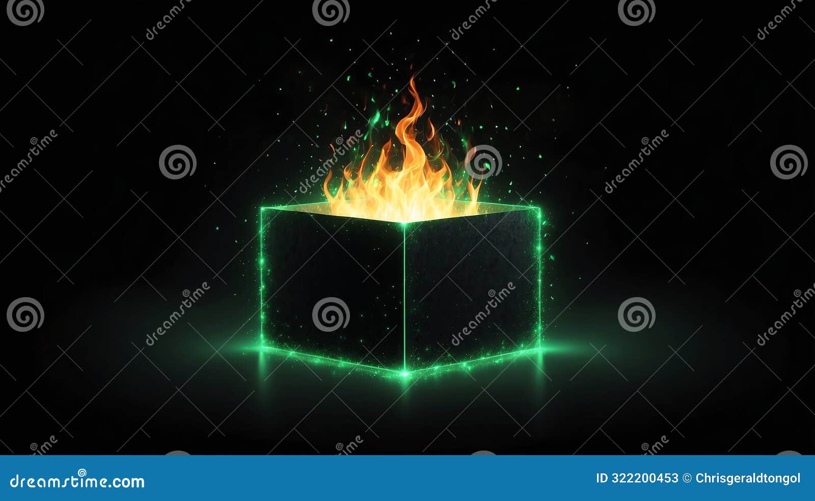 Abstract Square Box of Green Glowing Light Particles with Fire Flame on ...