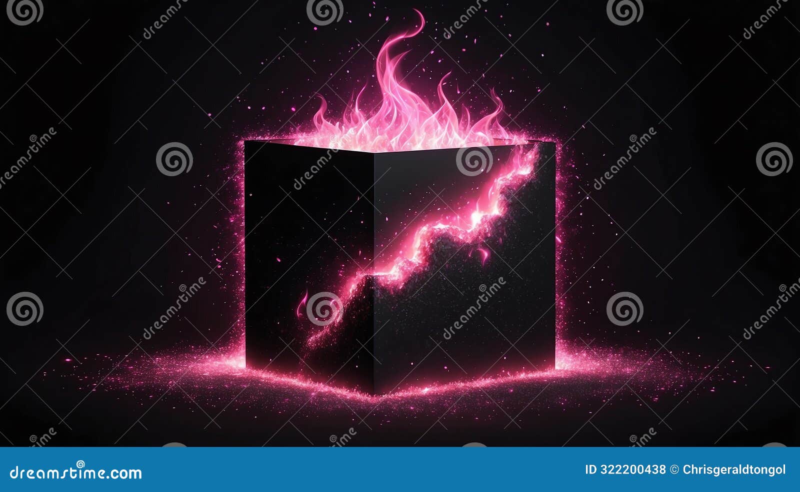 Abstract Square Box of Pink Glowing Light Particles with Fire Flame on ...