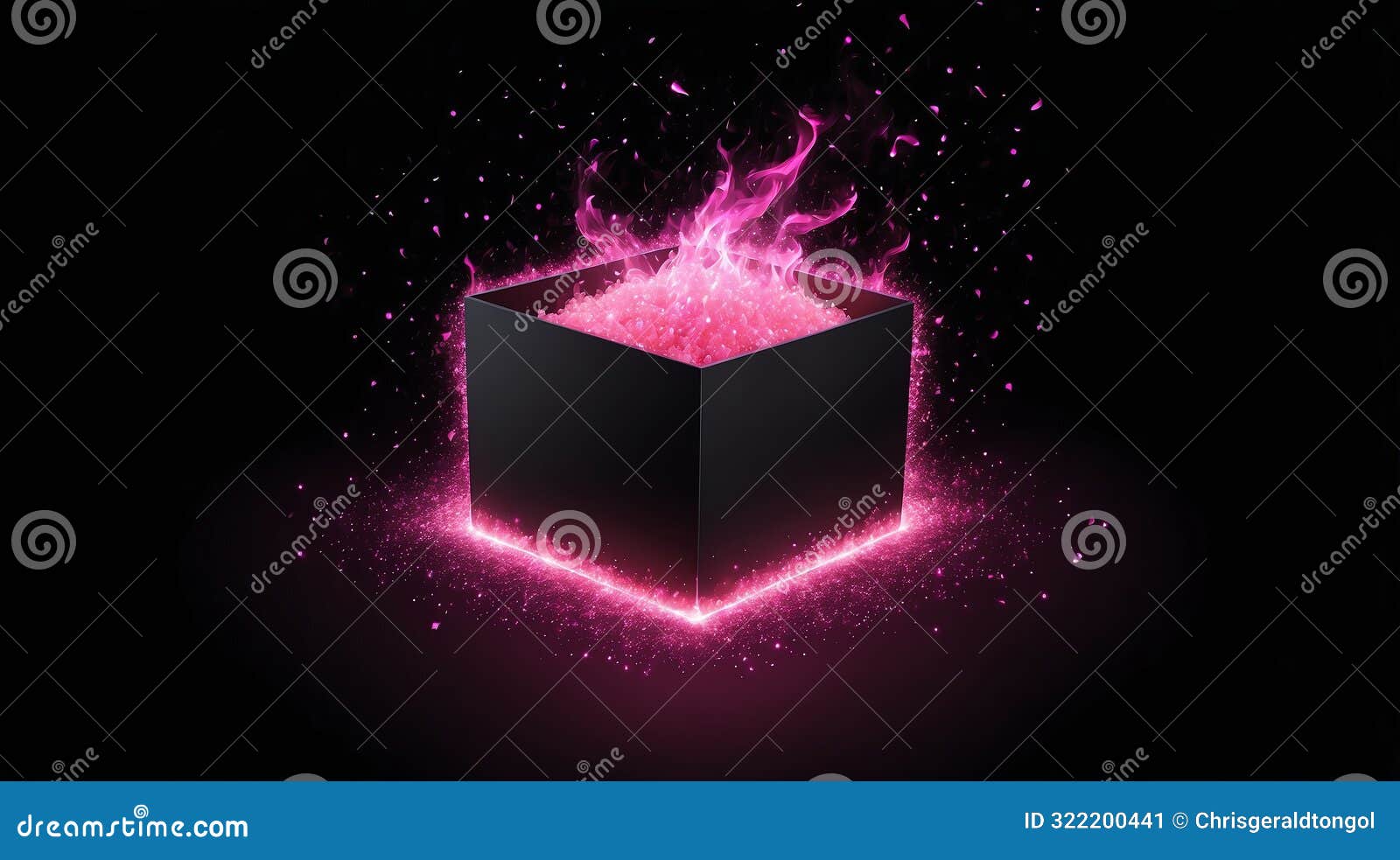 Abstract Square Box of Pink Glowing Light Particles with Fire Flame on ...