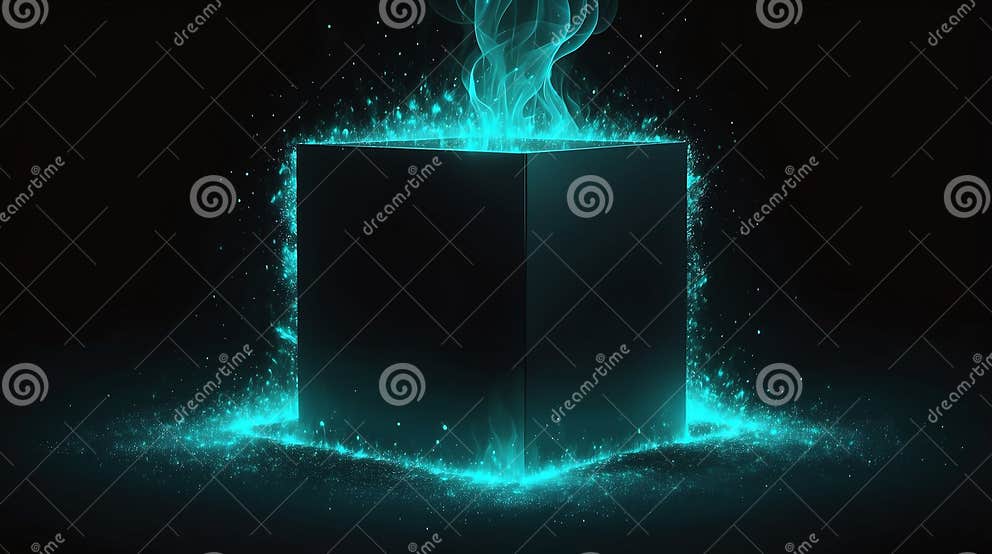 Abstract Square Box of Teal Glowing Light Particles with Fire Flame on ...