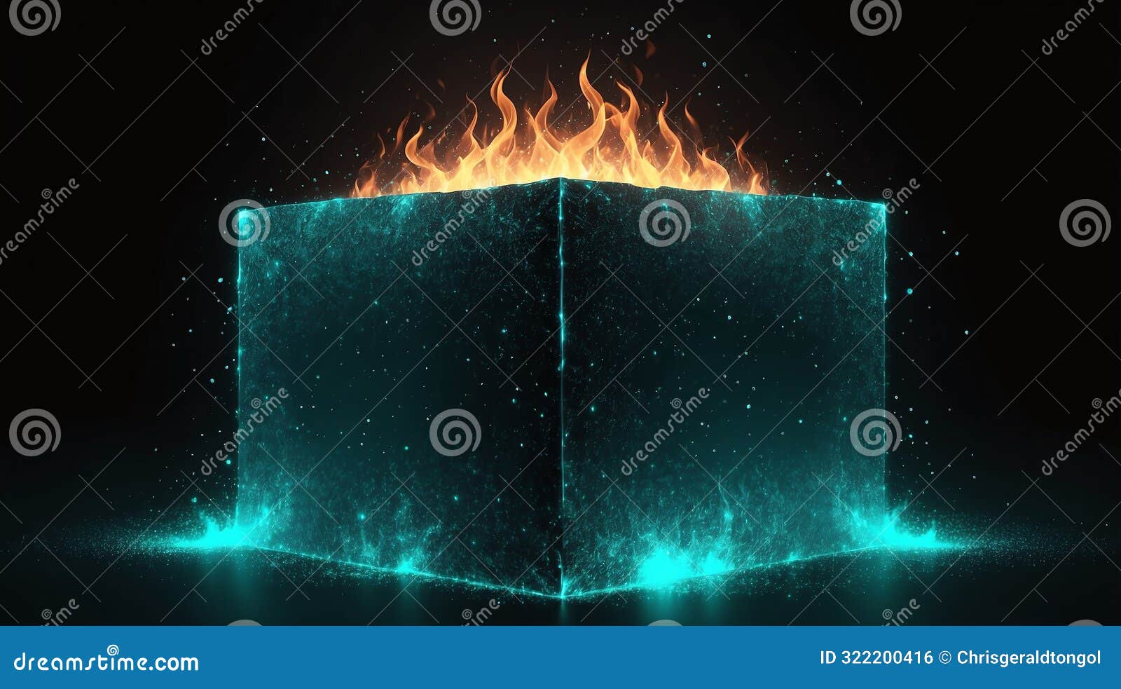 Abstract Square Box of Teal Glowing Light Particles with Fire Flame on ...